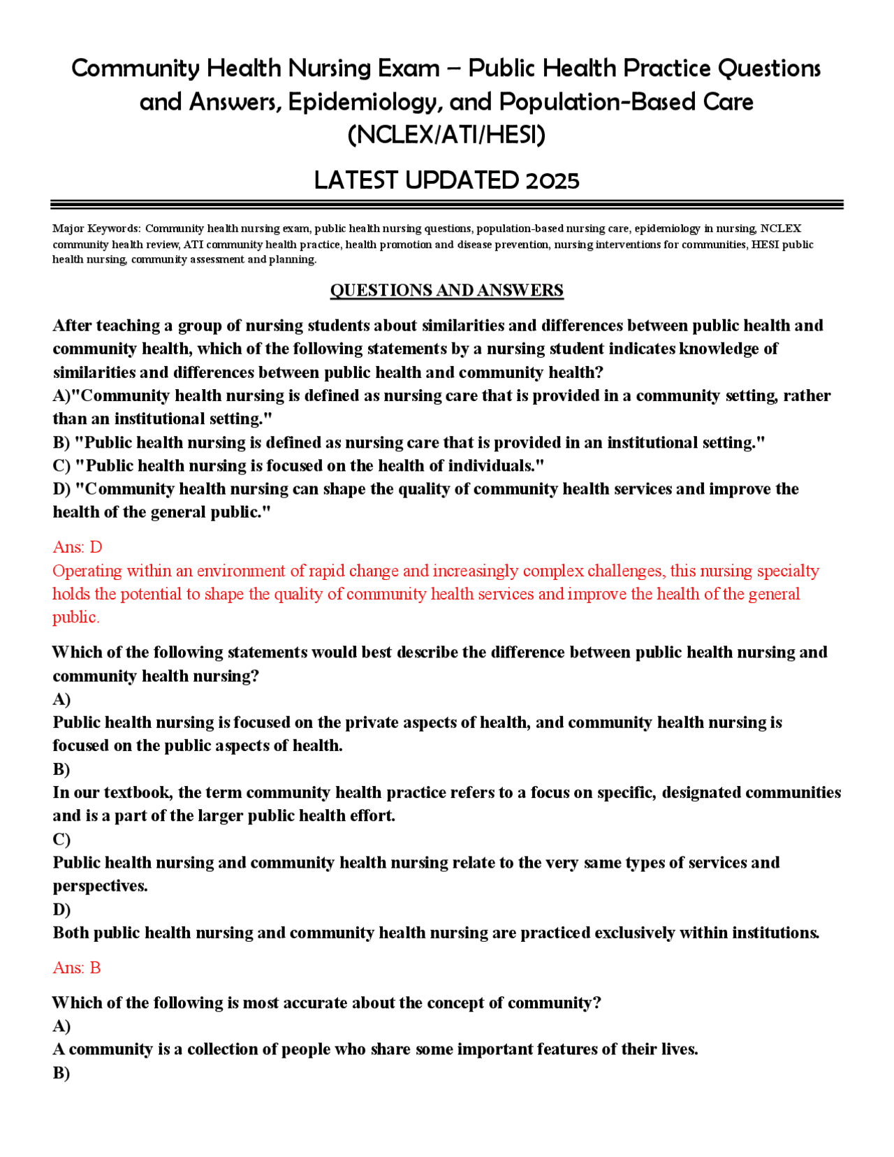 Community Health Nursing Exam – Public Health Practice Questions and ...
