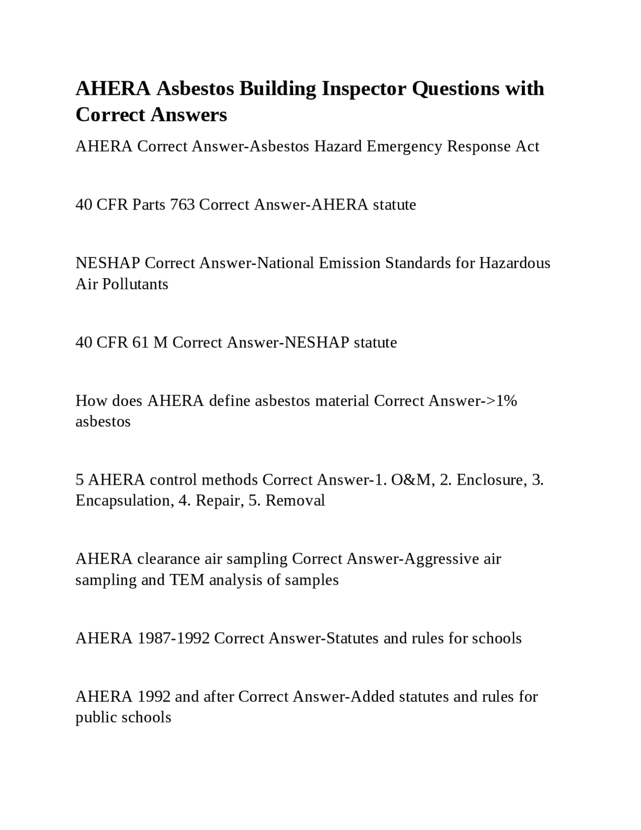 AHERA Asbestos Building Inspector Questions with Correct Answers ...
