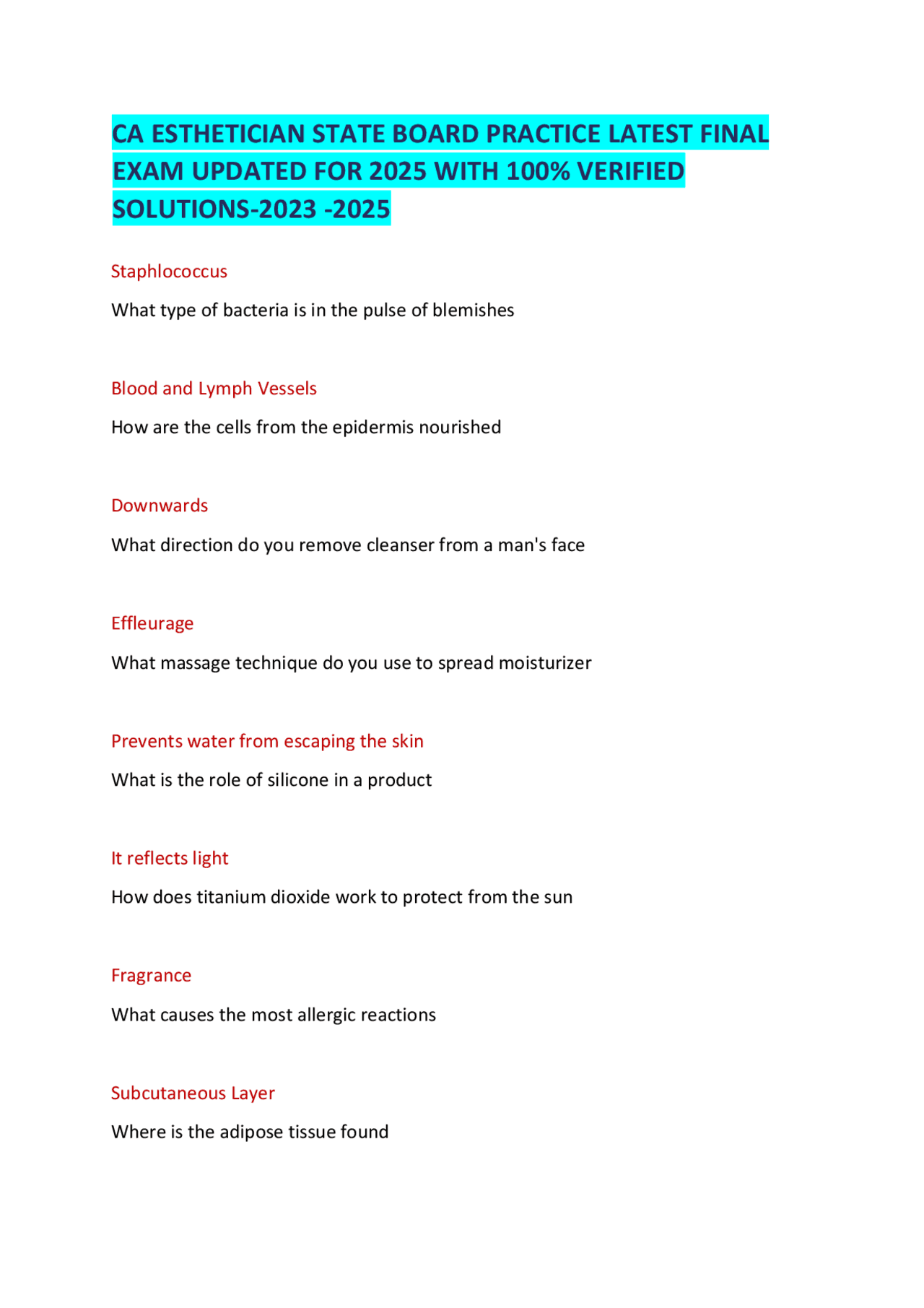 Esthetics State Board Exam Practice Questions and Answers | Exams ...