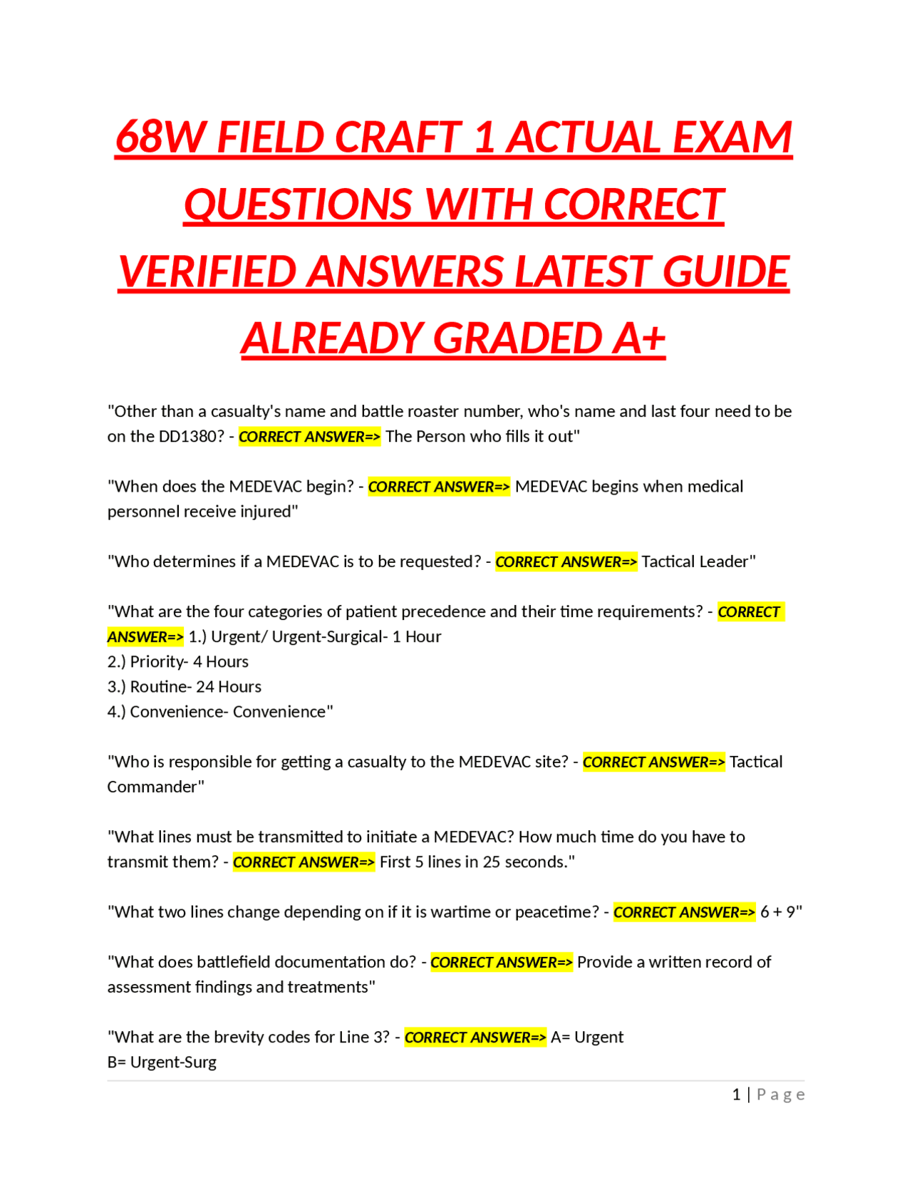 68W FIELD CRAFT 1 ACTUAL EXAM QUESTIONS WITH CORRECT VERIFIED ANSWERS ...