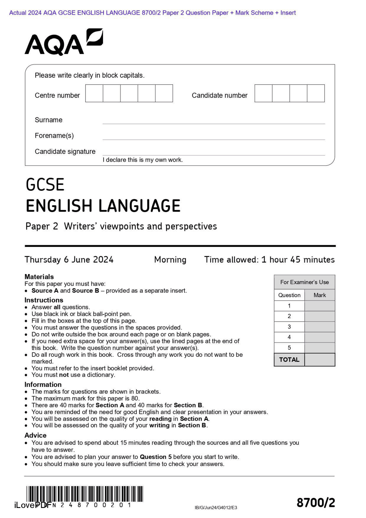 Actual 2024 AQA GCSE ENGLISH LANGUAGE 8700/2 Paper 2 Question Paper ...