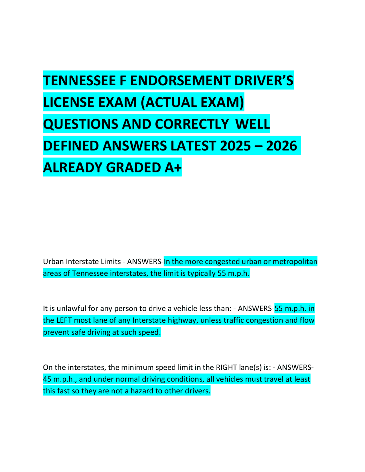 TENNESSEE F ENDORSEMENT DRIVER’S LICENSE EXAM (ACTUAL EXAM) QUESTIONS ...