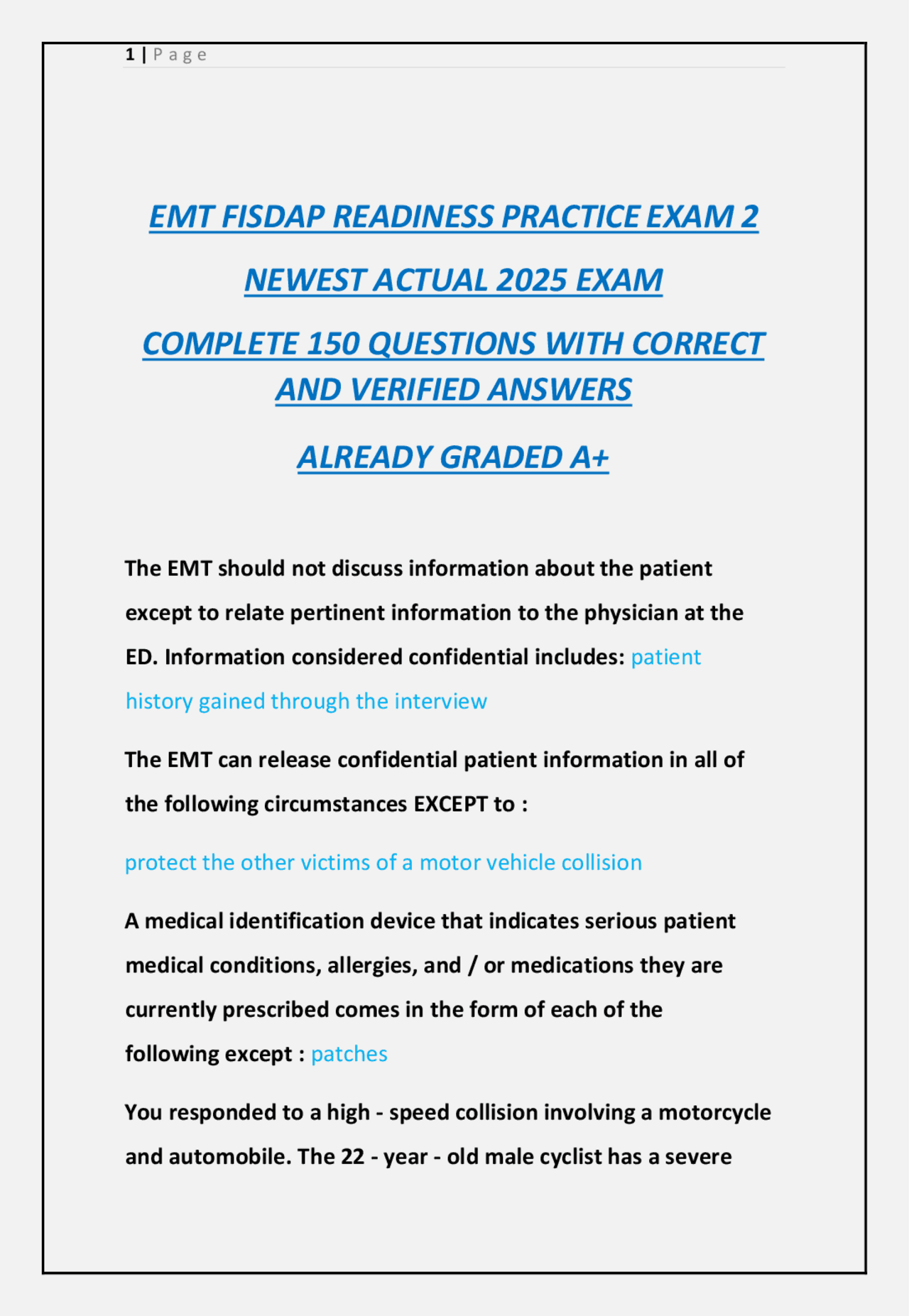 EMT FISDAP READINESS PRACTICE EXAM 2 NEWEST ACTUAL 2025 EXAM COMPLETE 150 QUESTIONS WITH C ...