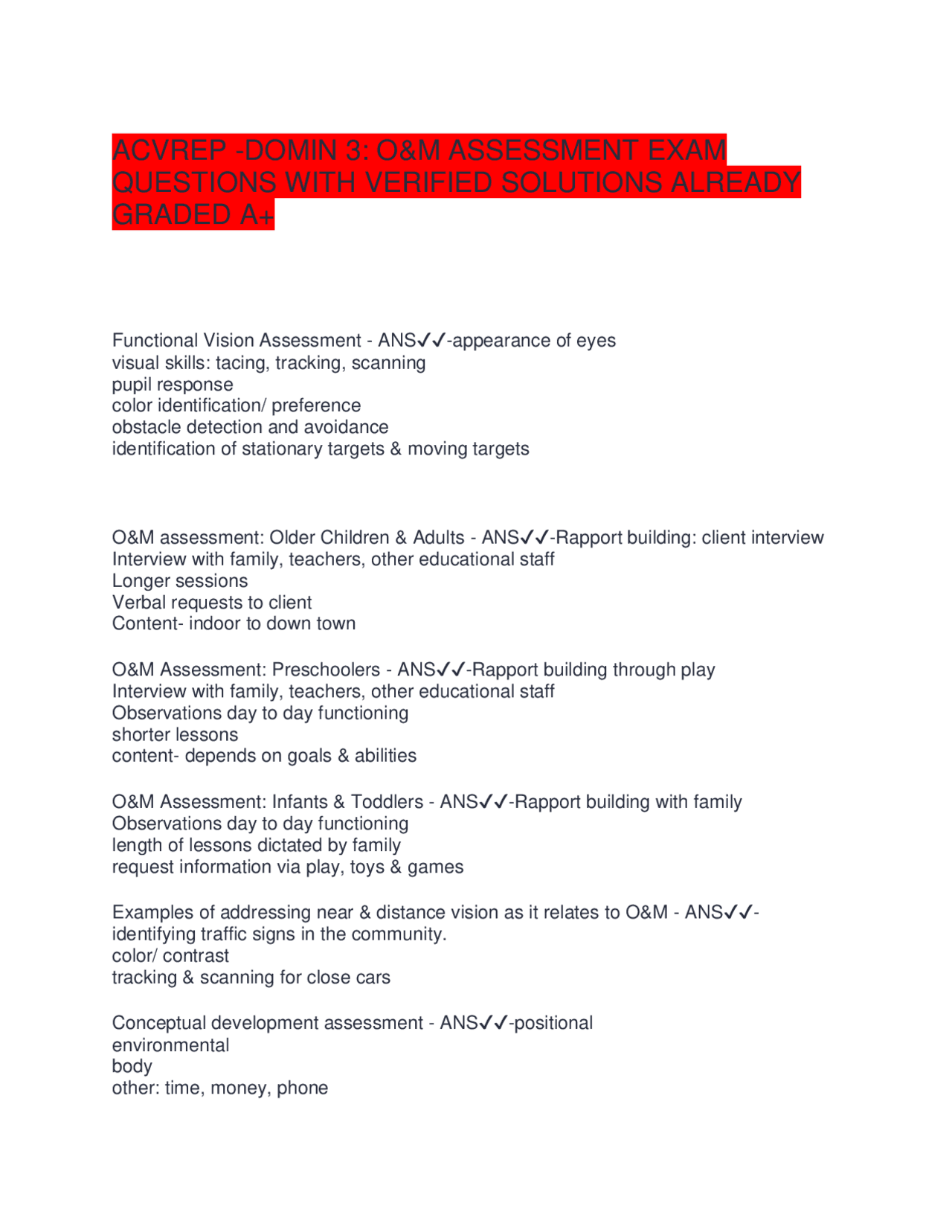 O&M Assessment Exam: Questions and Verified Answers | Exams Health ...