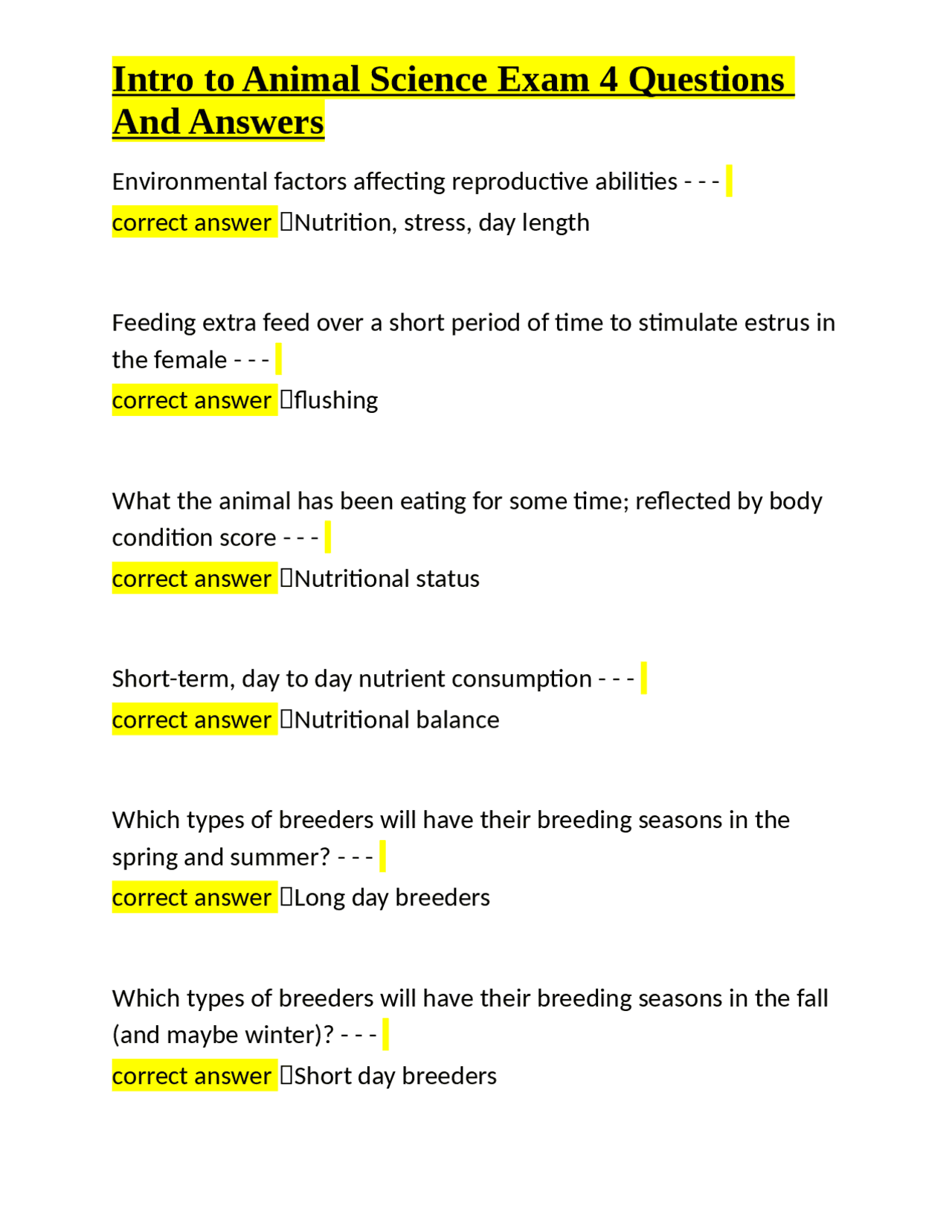 Intro to Animal Science Exam 4 Questions And Answers | Exams Animal ...