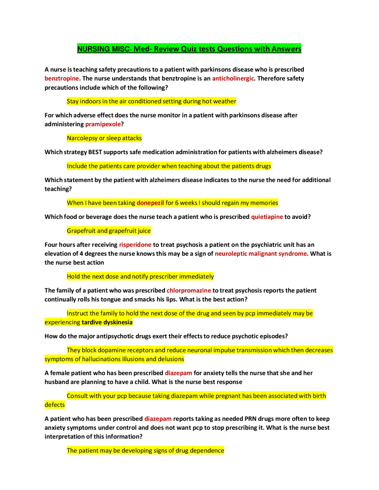 NURSING MISC- Med- Review Quiz tests Questions with Answers | Exams ...