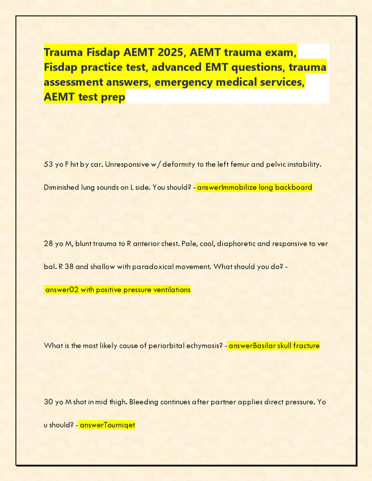 Trauma Fisdap AEMT 2025, AEMT trauma exam, Fisdap practice test ...