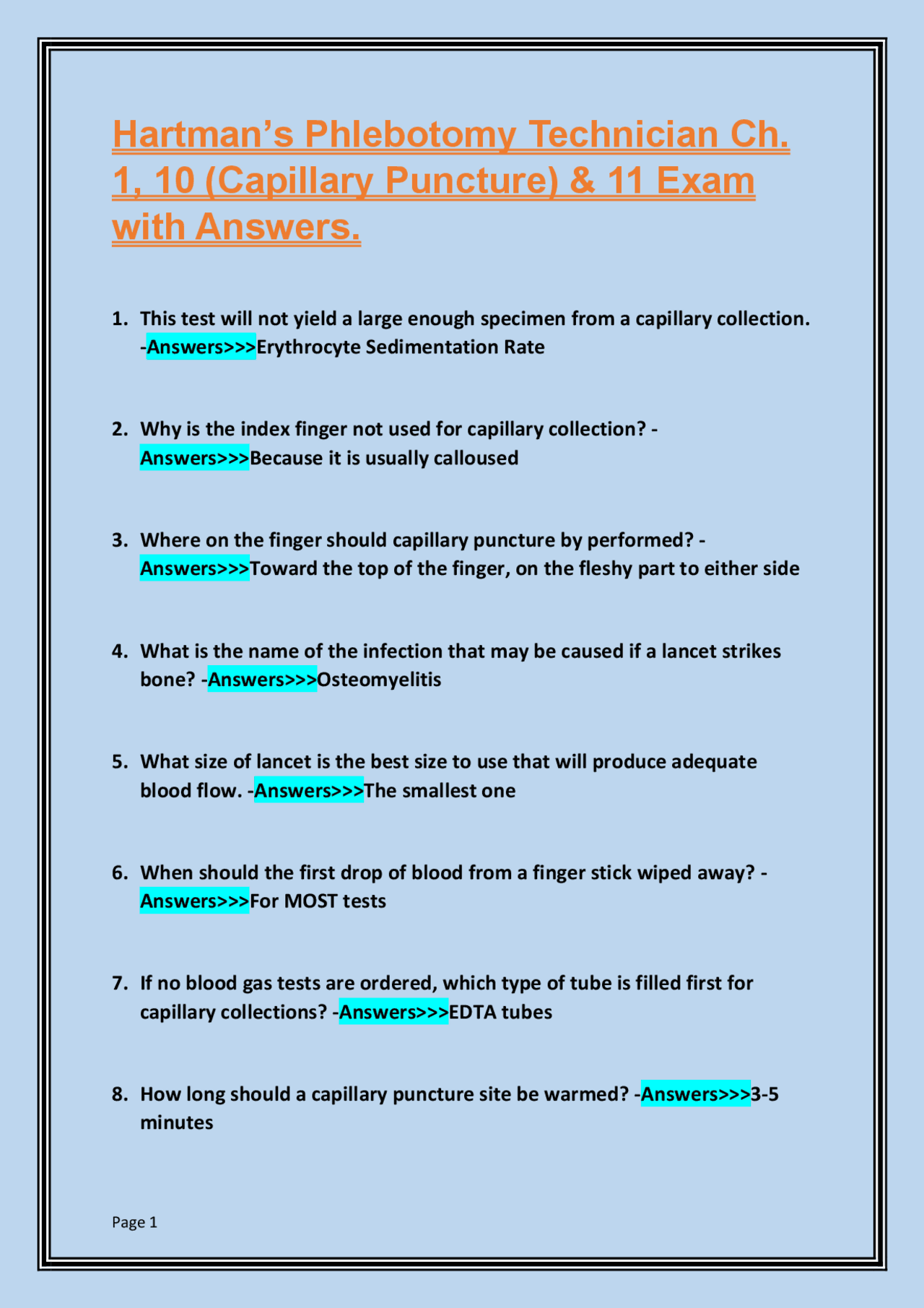 Hartman’s Phlebotomy Technician Ch. 1, 10 (Capillary Puncture) & 11 ...