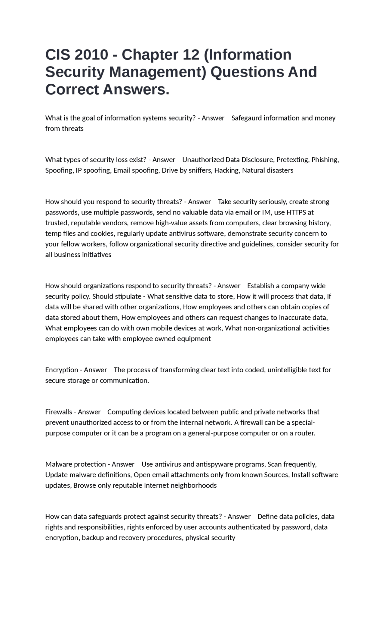 CIS 2010 - Chapter 12 (Information Security Management) Questions And Correct Answers. | Exams ...