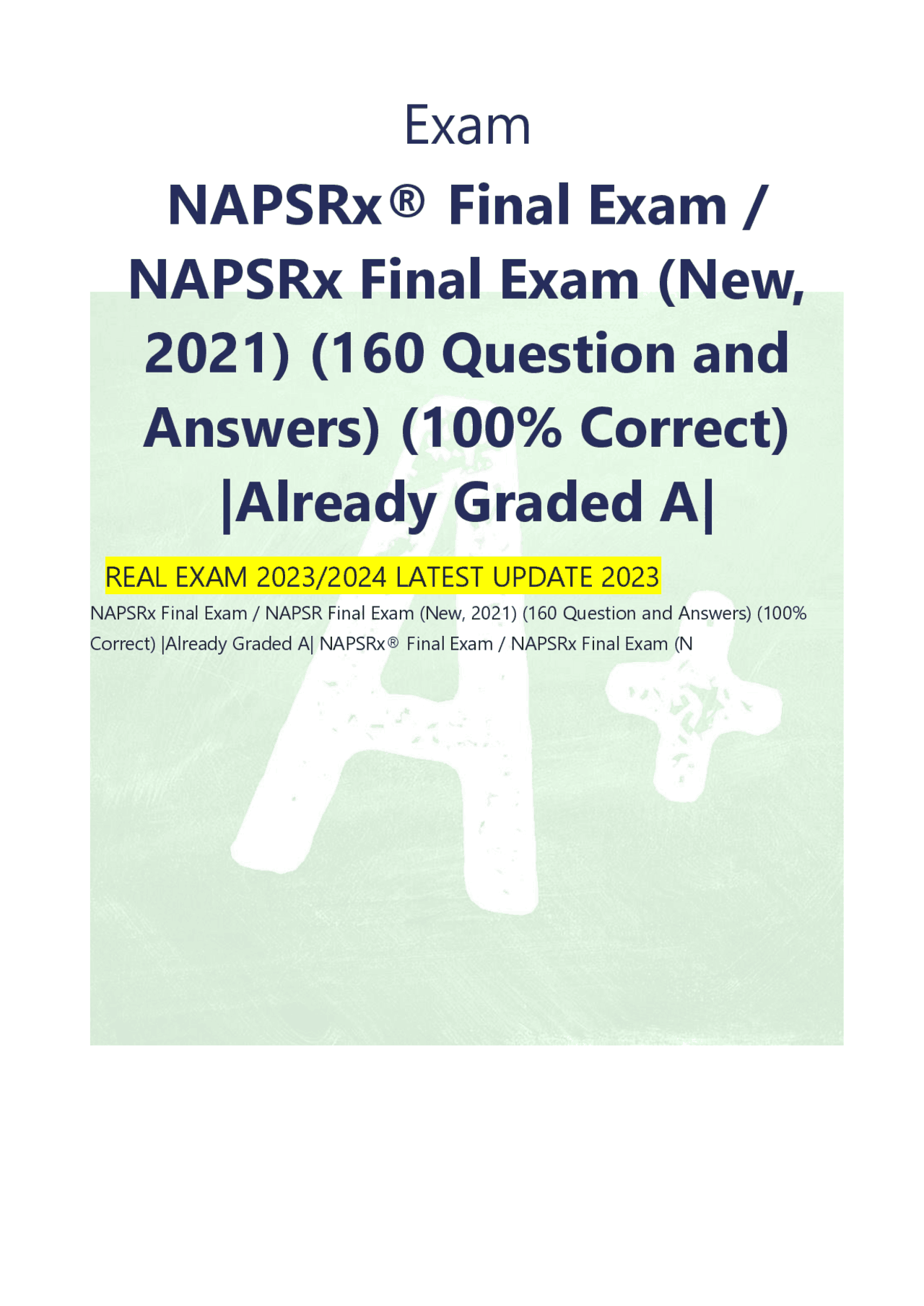 NAPSRx® Final Exam / NAPSRx Final Exam (New, 2021) (160 Question and ...