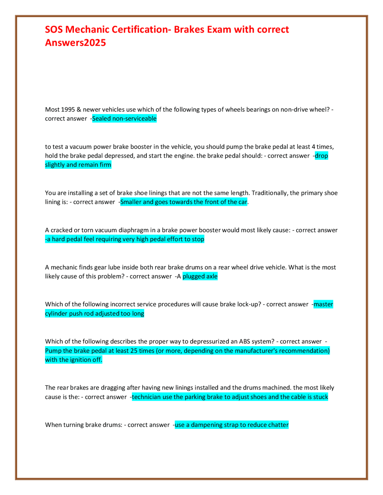SOS Mechanic Certification- Brakes Exam with correct Answers | Exams ...