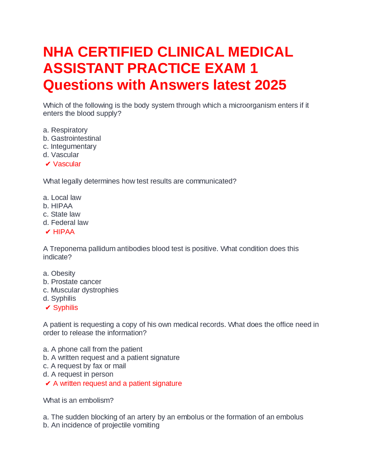 NHA CERTIFIED CLINICAL MEDICAL ASSISTANT PRACTICE EXAM 1 Questions with Answers latest 202 ...