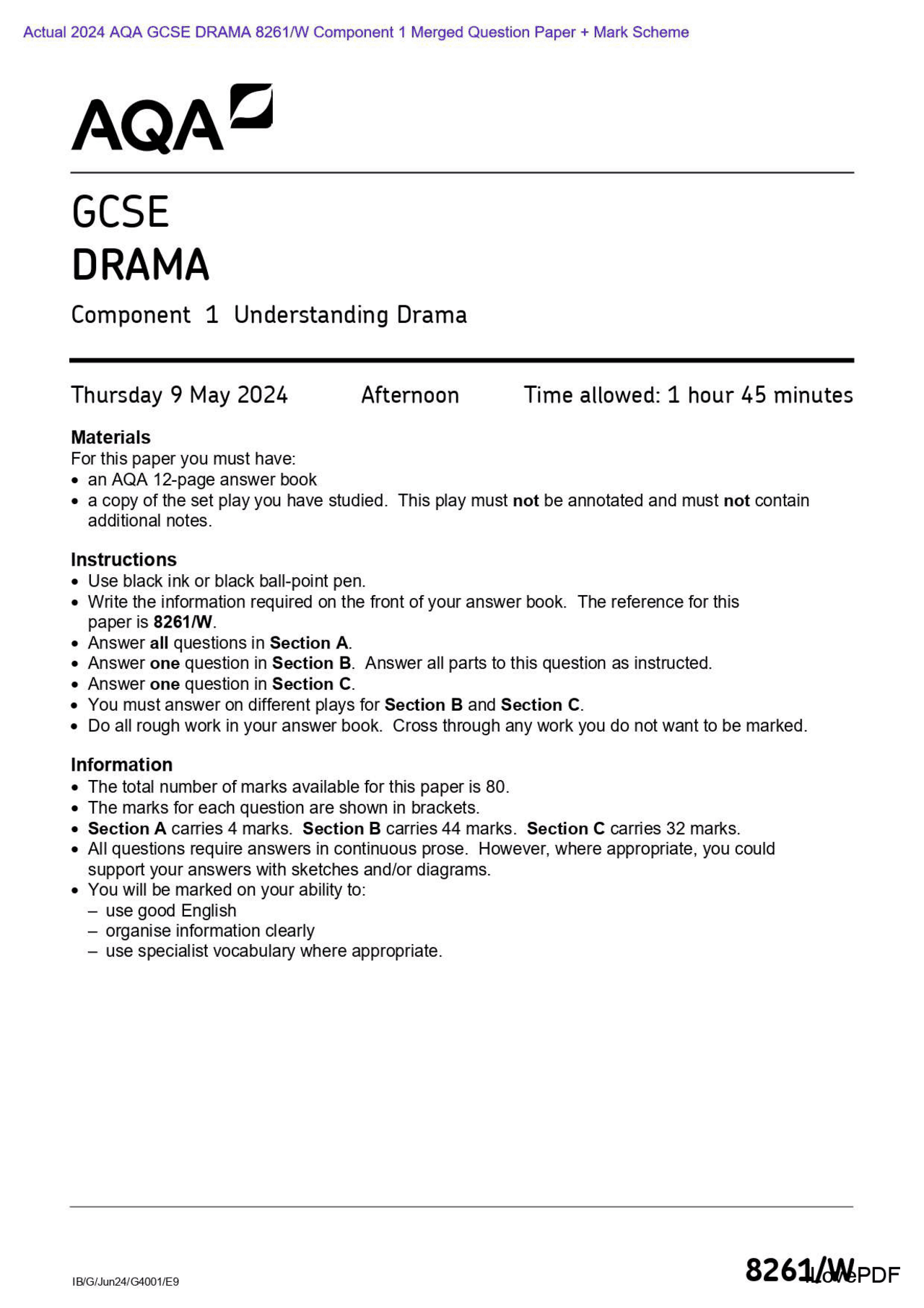 Actual 2024 AQA GCSE DRAMA 8261/W Component 1 Merged Question Paper ...