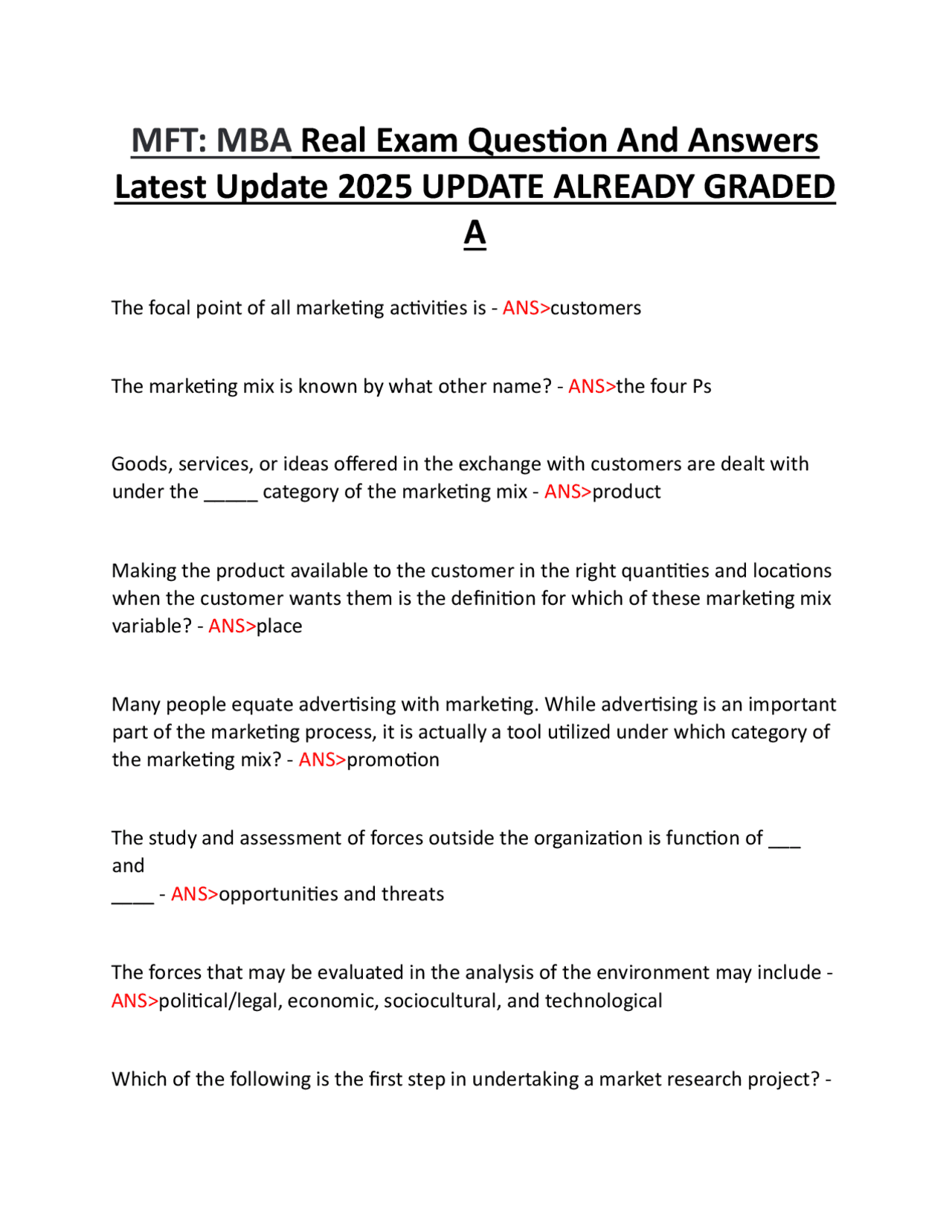 MFT: MBA Real Exam Question And Answers Latest Update 2025 UPDATE ...