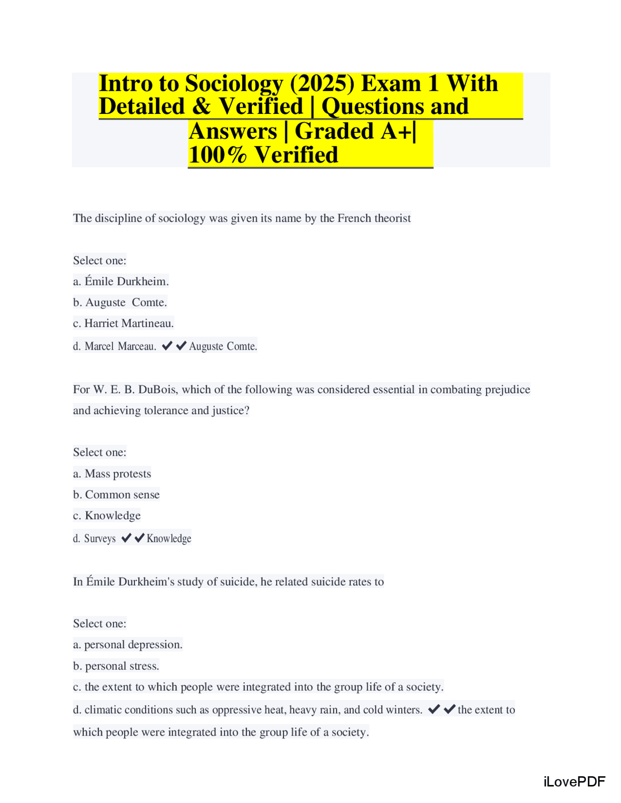 Intro to Sociology (2025) Exam 1 With Detailed & Verified | Questions ...