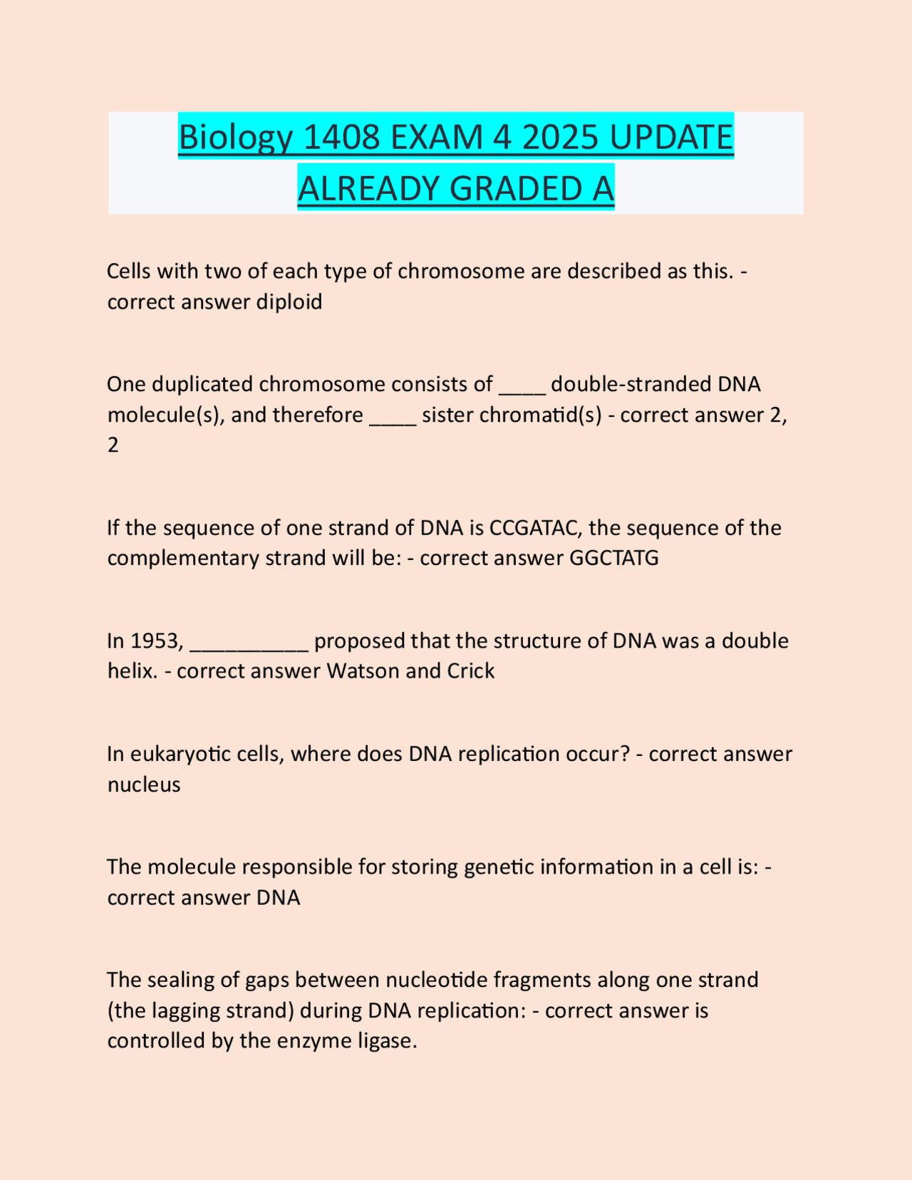 Biology 1408 Exam 4: DNA Replication, Transcription, and Translation | Exams Nursing | Docsity