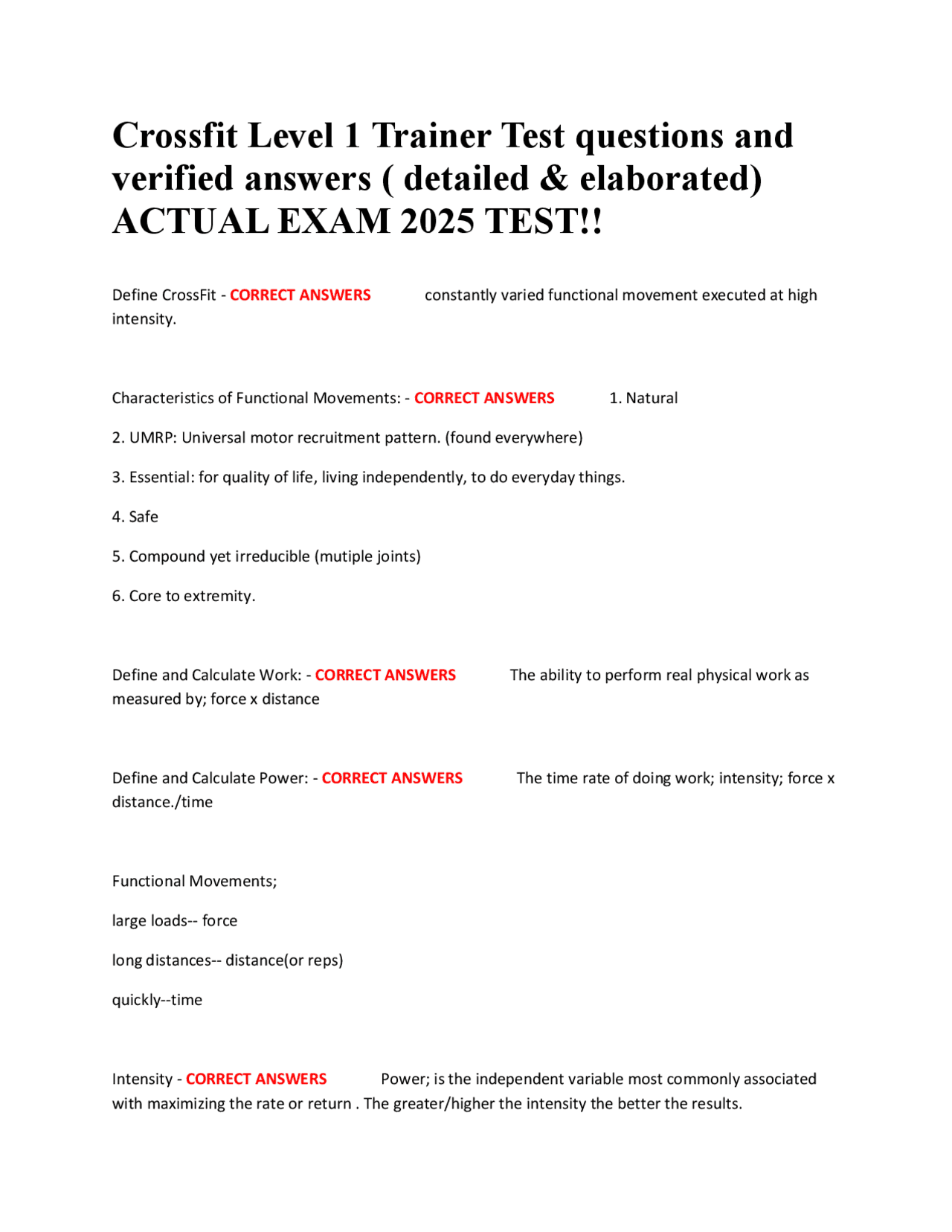 Crossfit Level 1 Trainer Test questions and verified answers ( detailed ...