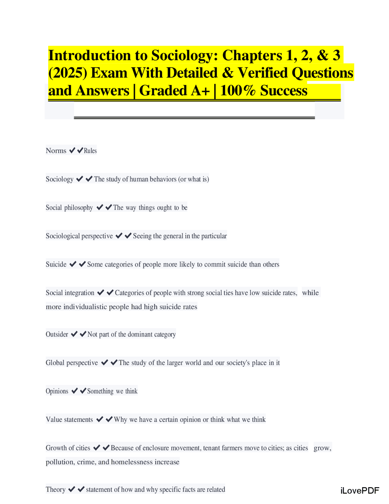 Introduction to Sociology: Chapters 1, 2, & 3 (2025) Exam With Detailed ...