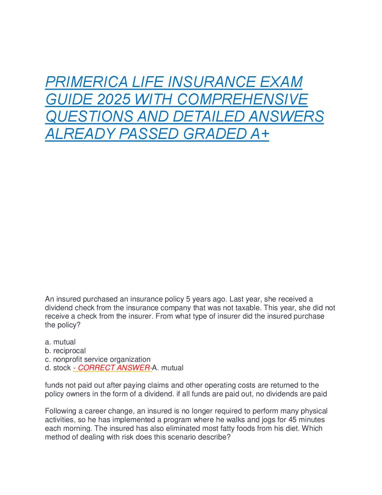 PRIMERICA LIFE INSURANCE EXAM GUIDE 2025 WITH COMPREHENSIVE QUESTIONS ...