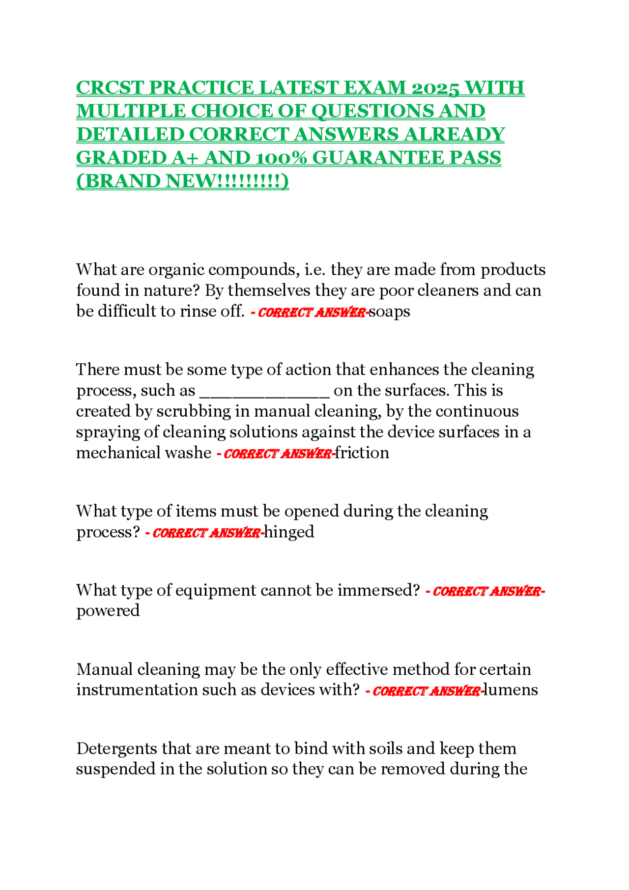 CRCST PRACTICE LATEST EXAM 2025 WITH MULTIPLE CHOICE OF QUESTIONS AND ...