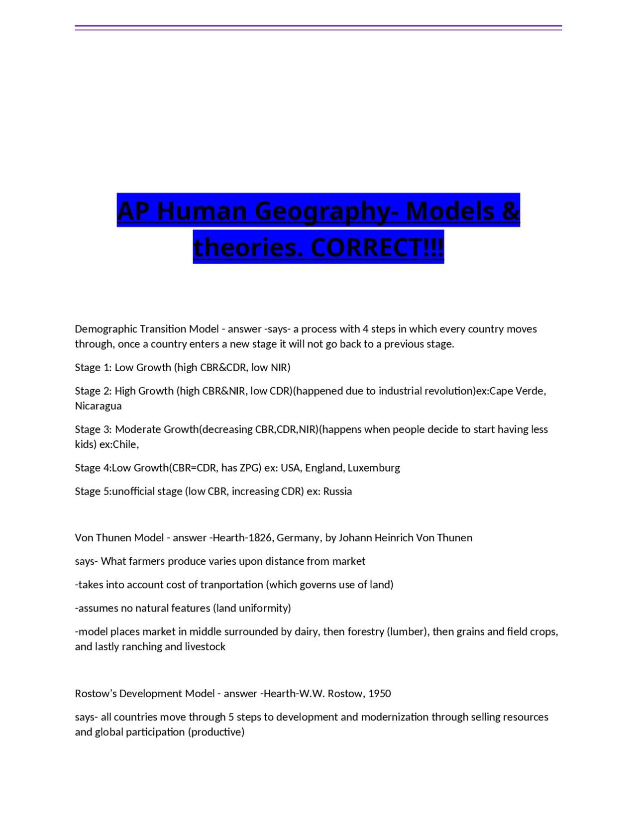 AP Human Geography- Models & theories. CORRECT!!!.docx | Exams Nursing ...