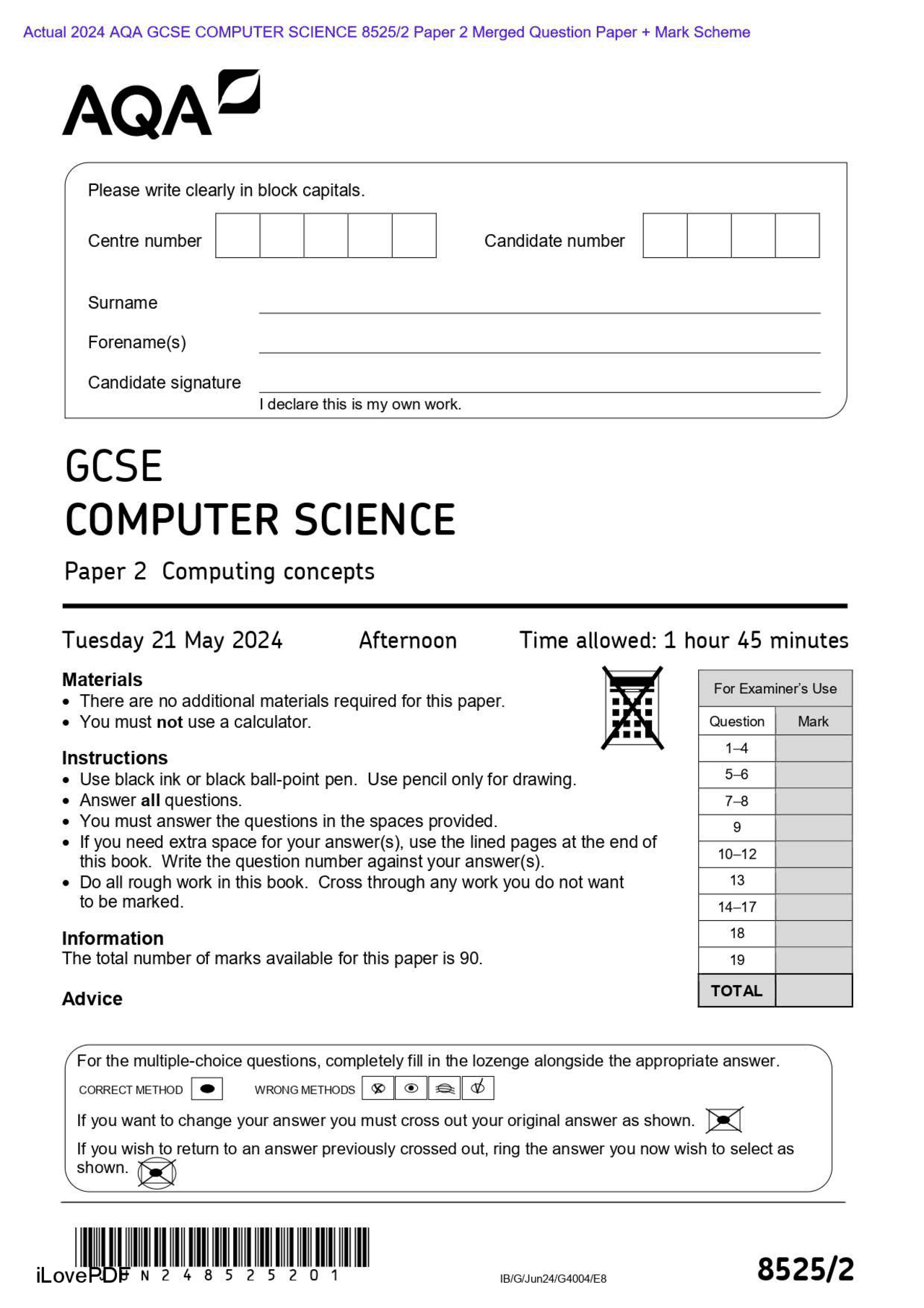 Actual 2024 AQA GCSE COMPUTER SCIENCE 8525/2 Paper 2 Merged Question Paper + Mark Scheme | Exams ...