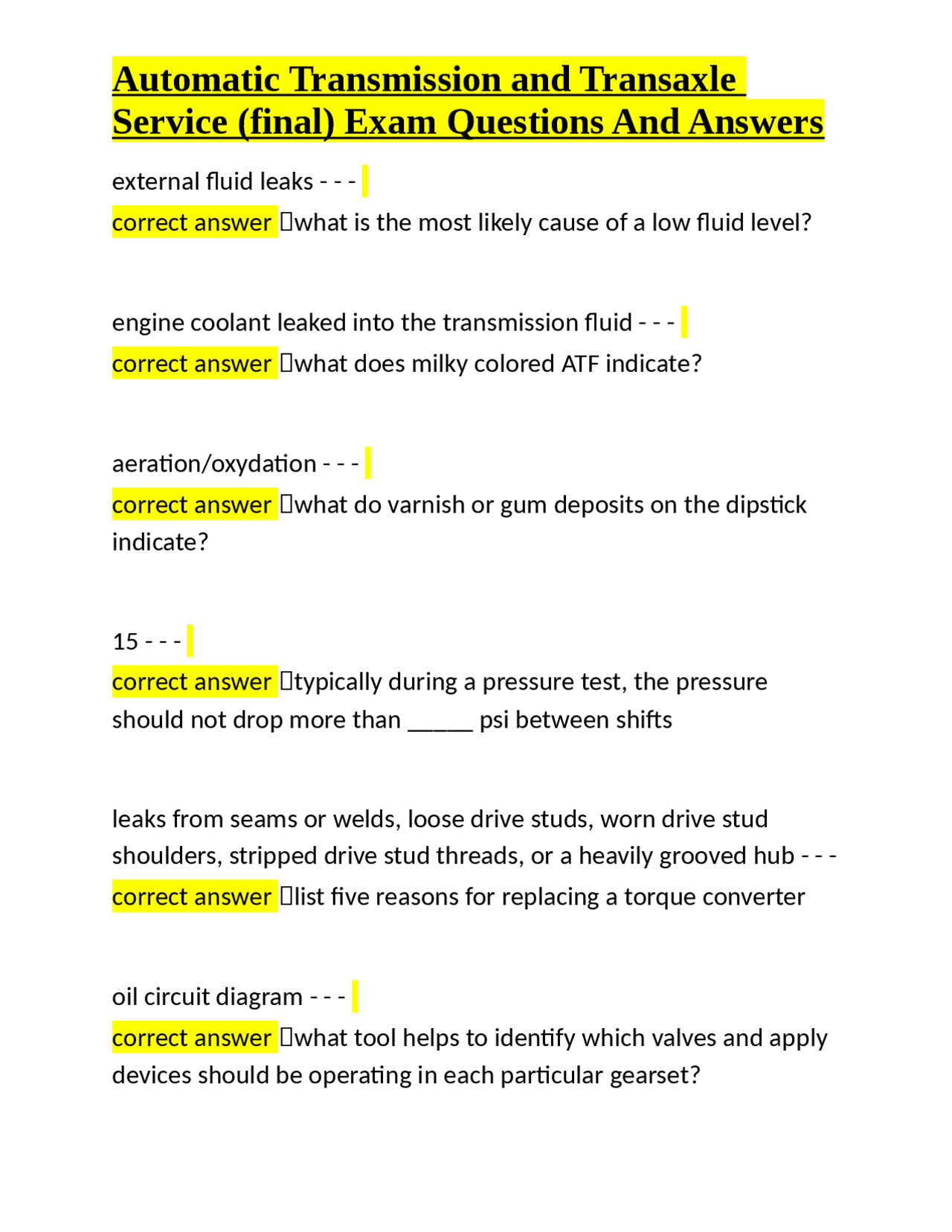 Automatic Transmission and Transaxle Service: Exam Questions and Answers | Exams Automatic ...
