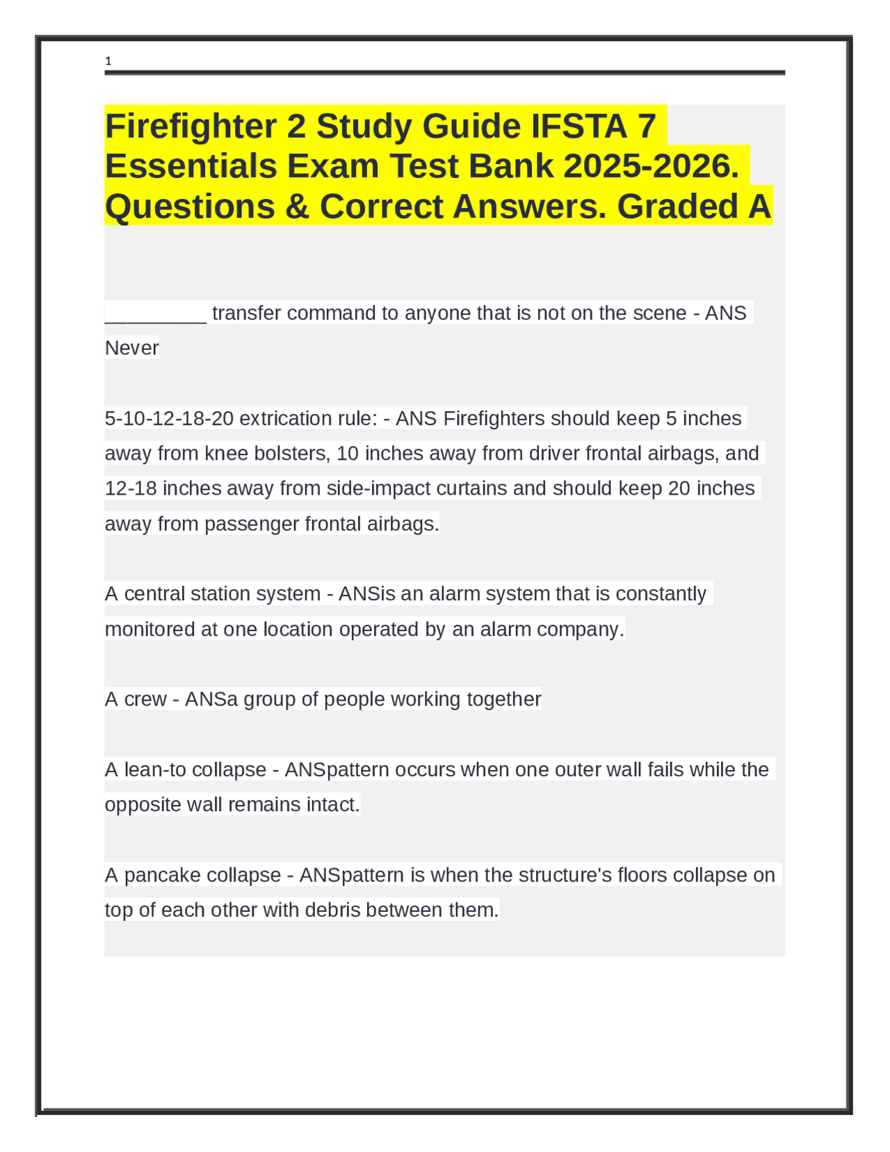 Firefighter 2 Study Guide IFSTA 7 Essentials Exam Test Bank 2025-2026 ...