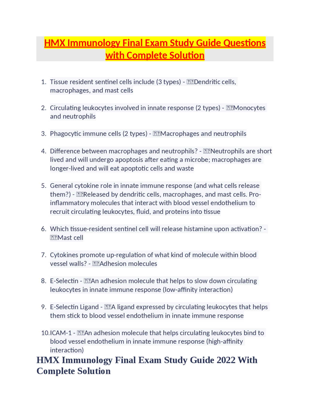 HMX Immunology Final Exam Study Guide Questions with Complete Solution | Exams Nursing | Docsity