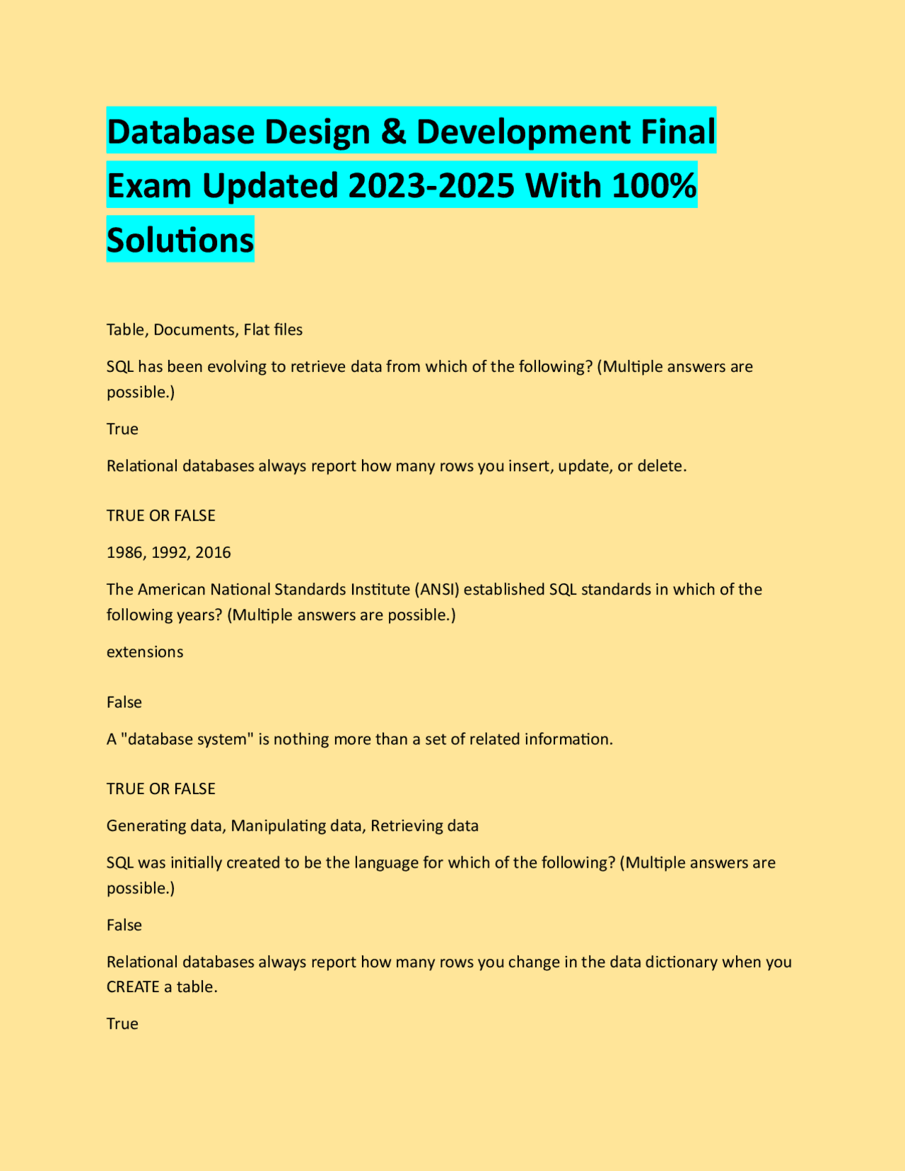 Database Design & Development Final Exam Updated 2023-2025 With 100% Solutions | Exams Computer ...