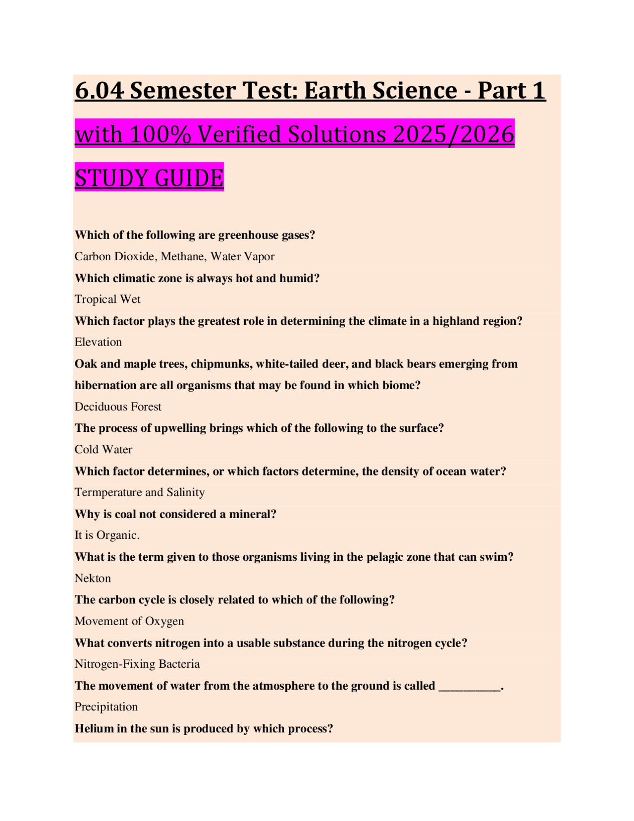 6.04 Semester Test: Earth Science - Part 1 with 100% Verified Solutions ...