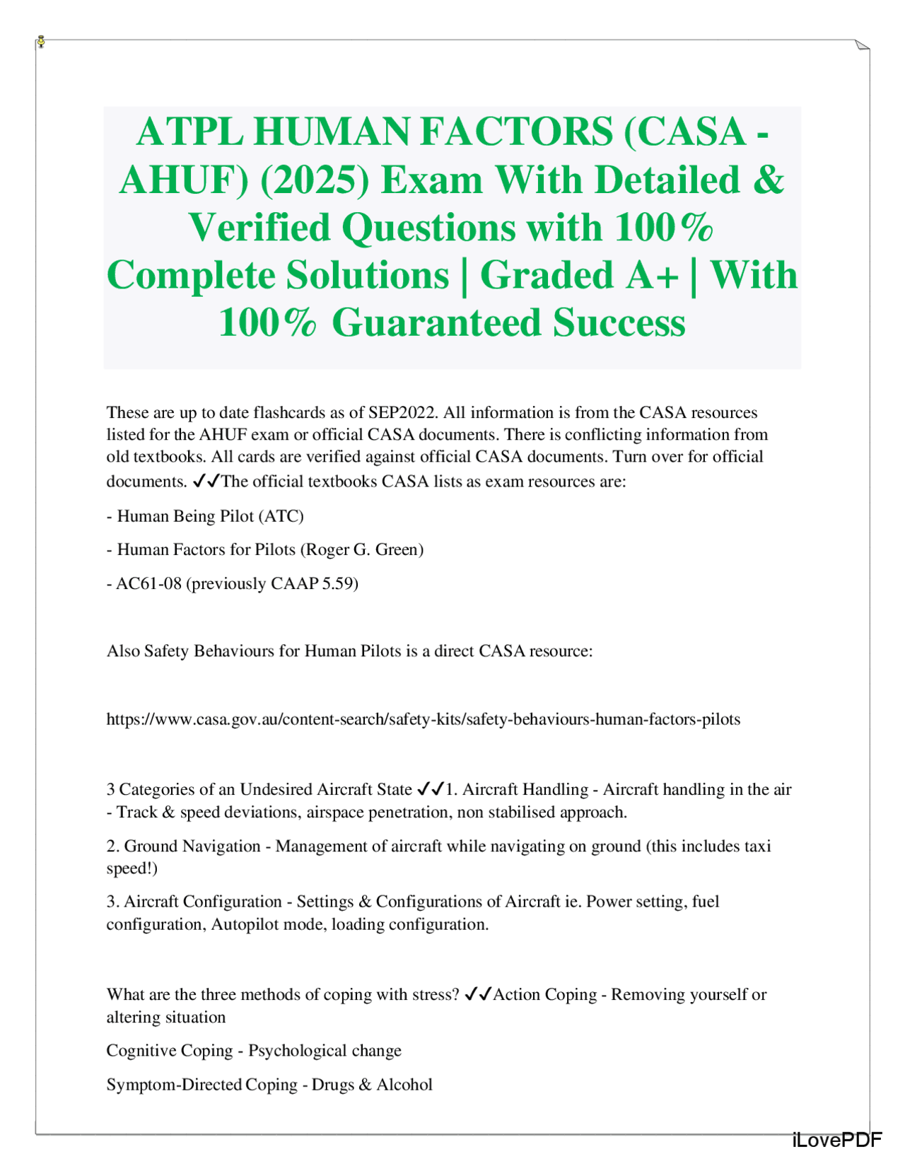 ATPL HUMAN FACTORS (CASA - AHUF) (2025) Exam With Detailed & Verified ...