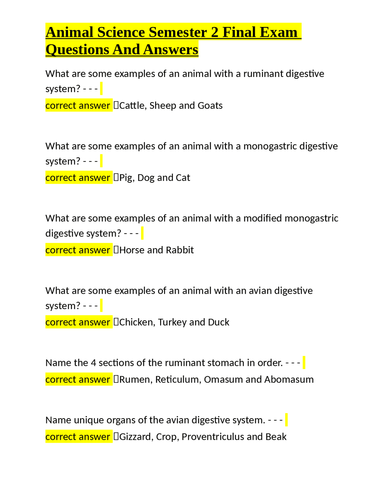 Animal Science Semester 2 Final Exam Questions And Answers | Exams ...