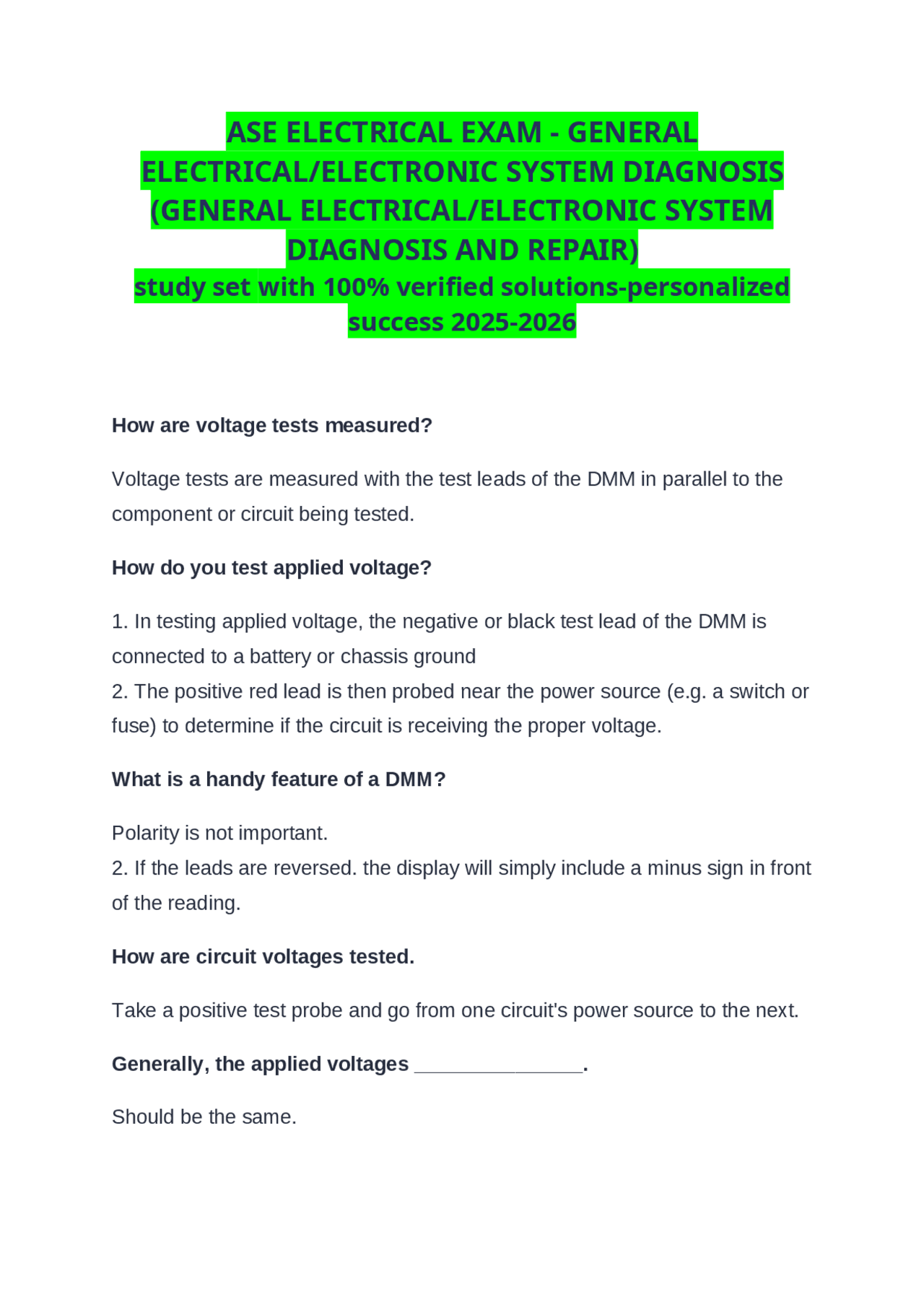 ASE ELECTRICAL EXAM - GENERAL ELECTRICAL/ELECTRONIC SYSTEM DIAGNOSIS (GENERAL ELECTRICAL/E ...