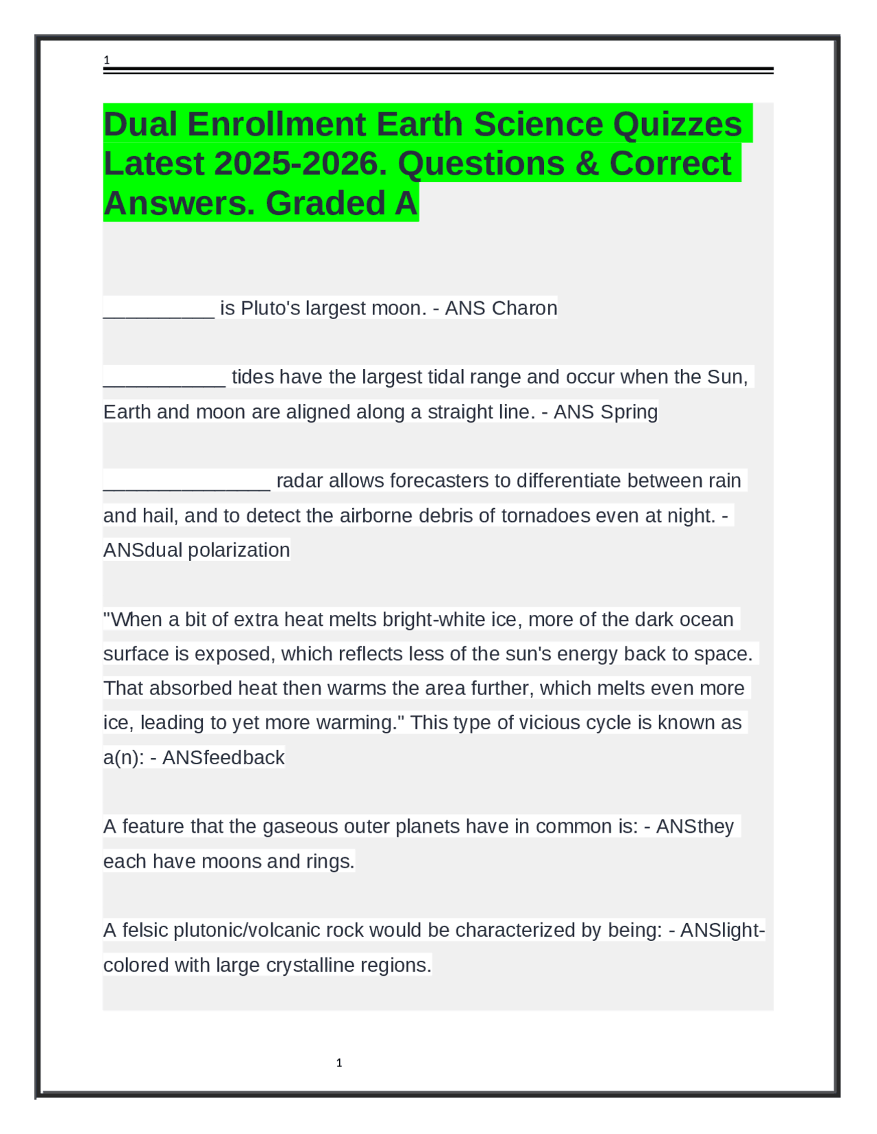 Dual Enrollment Earth Science Quizzes Latest 2025-2026. Questions ...
