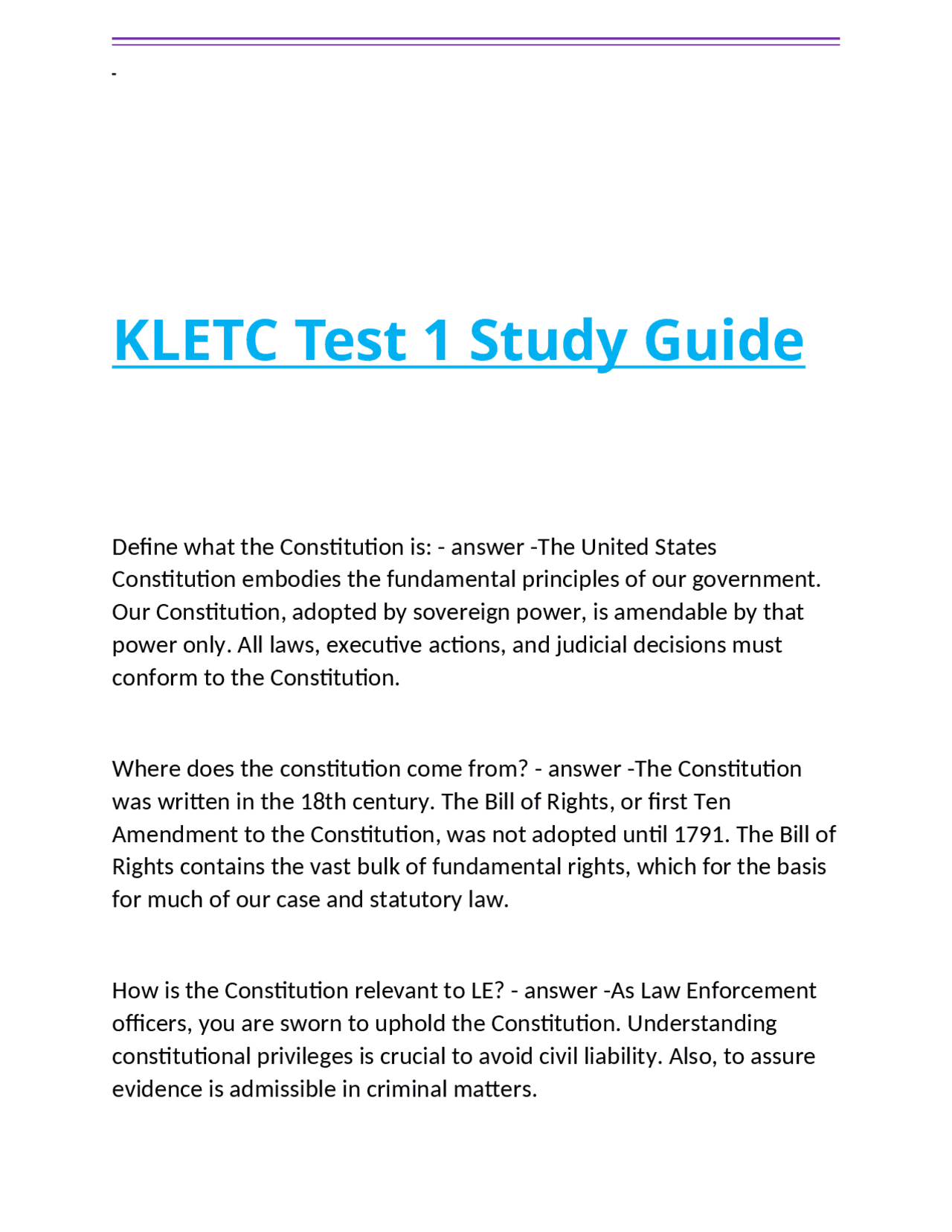 KLETC Test 1 Study Guide: US Constitution, Law Enforcement, and Ethics ...