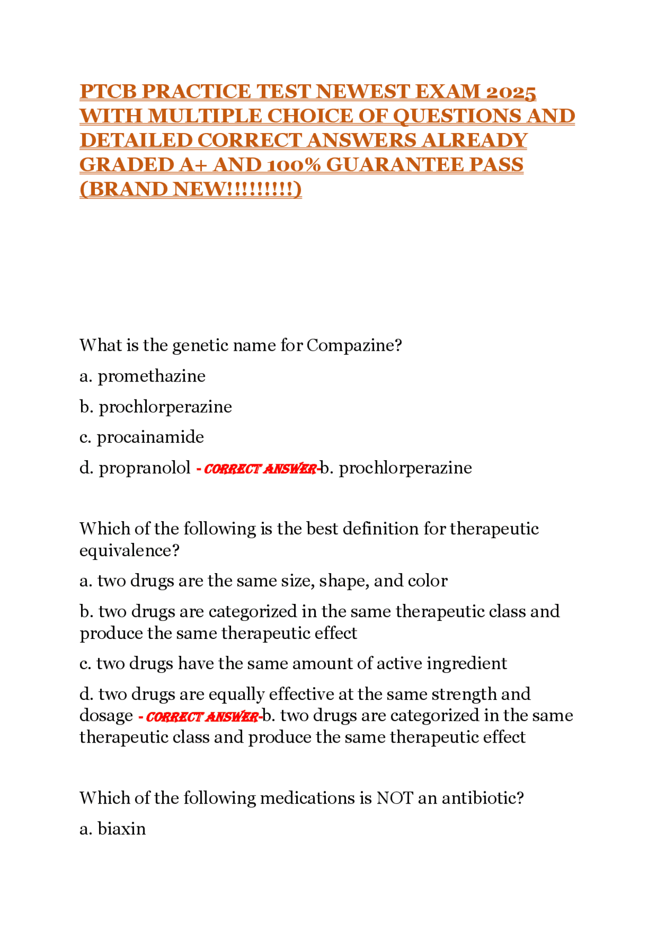 PTCB PRACTICE TEST NEWEST EXAM 2025 WITH MULTIPLE CHOICE OF QUESTIONS ...