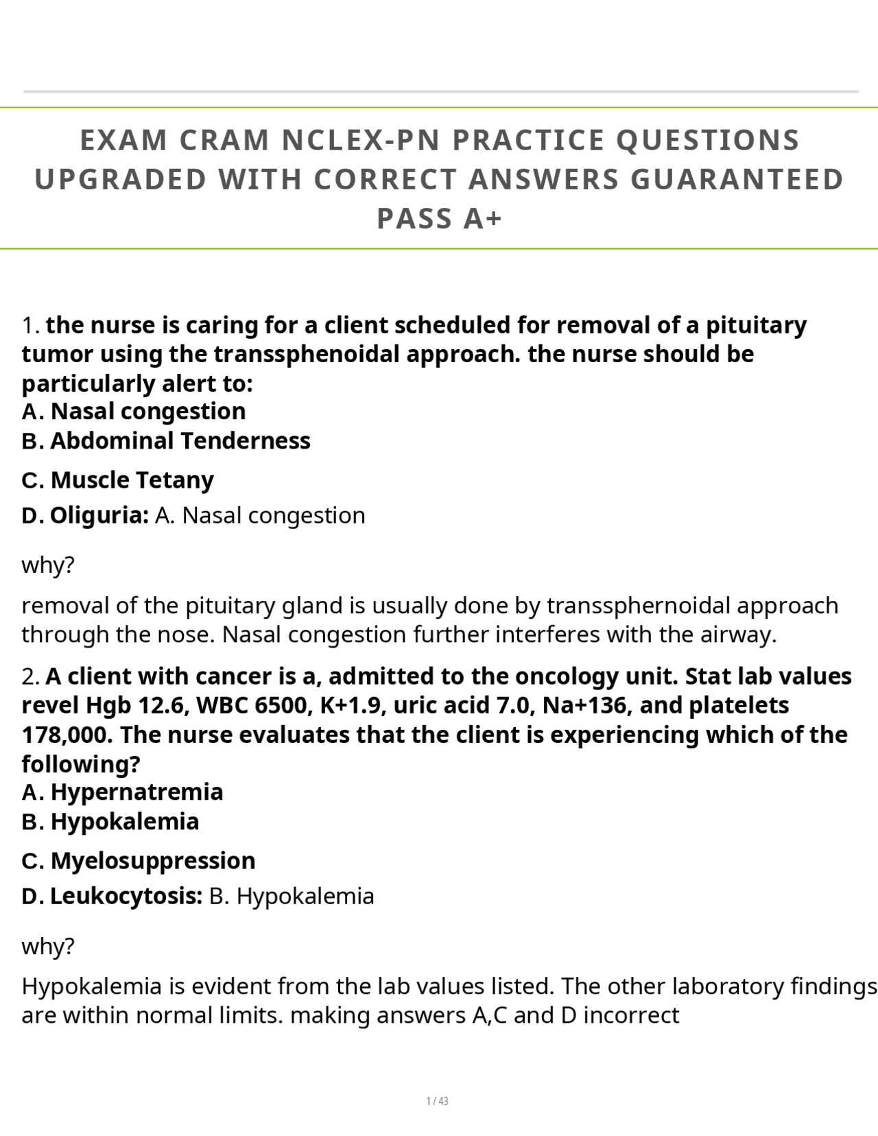 EXAM CRAM NCLEX-PN PRACTICE QUESTIONS UPGRADED WITH CORRECT ANSWERS ...