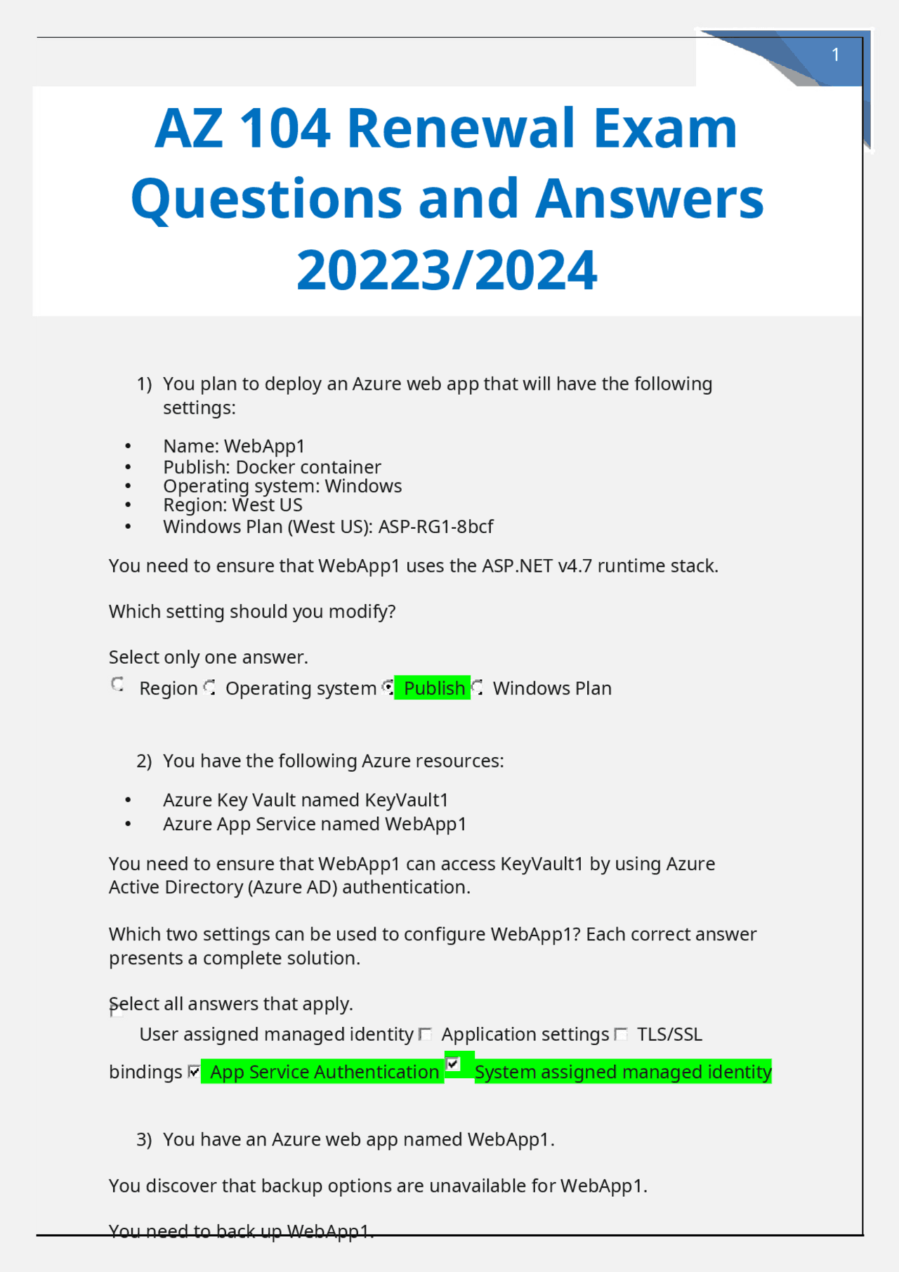 AZ 104 Renewal Exam Questions and Answers | Exams Nursing | Docsity