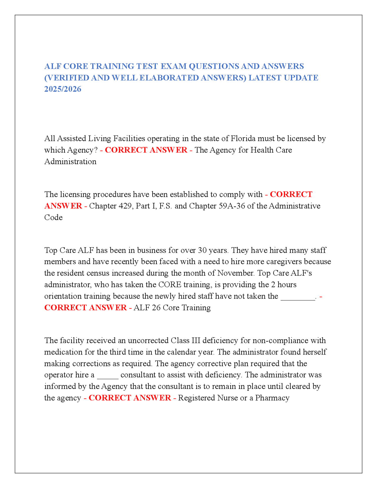 ALF CORE TRAINING TEST EXAM QUESTIONS AND ANSWERS (VERIFIED AND WELL ...