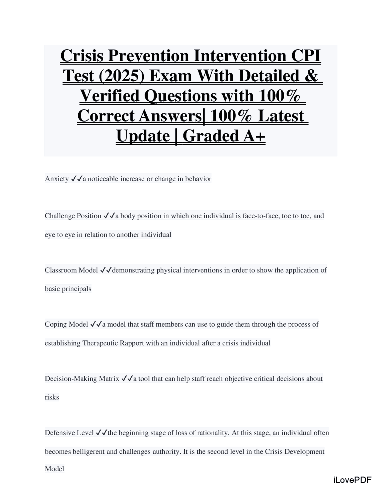 Crisis Prevention Intervention CPI Test (2025) Exam With Detailed ...