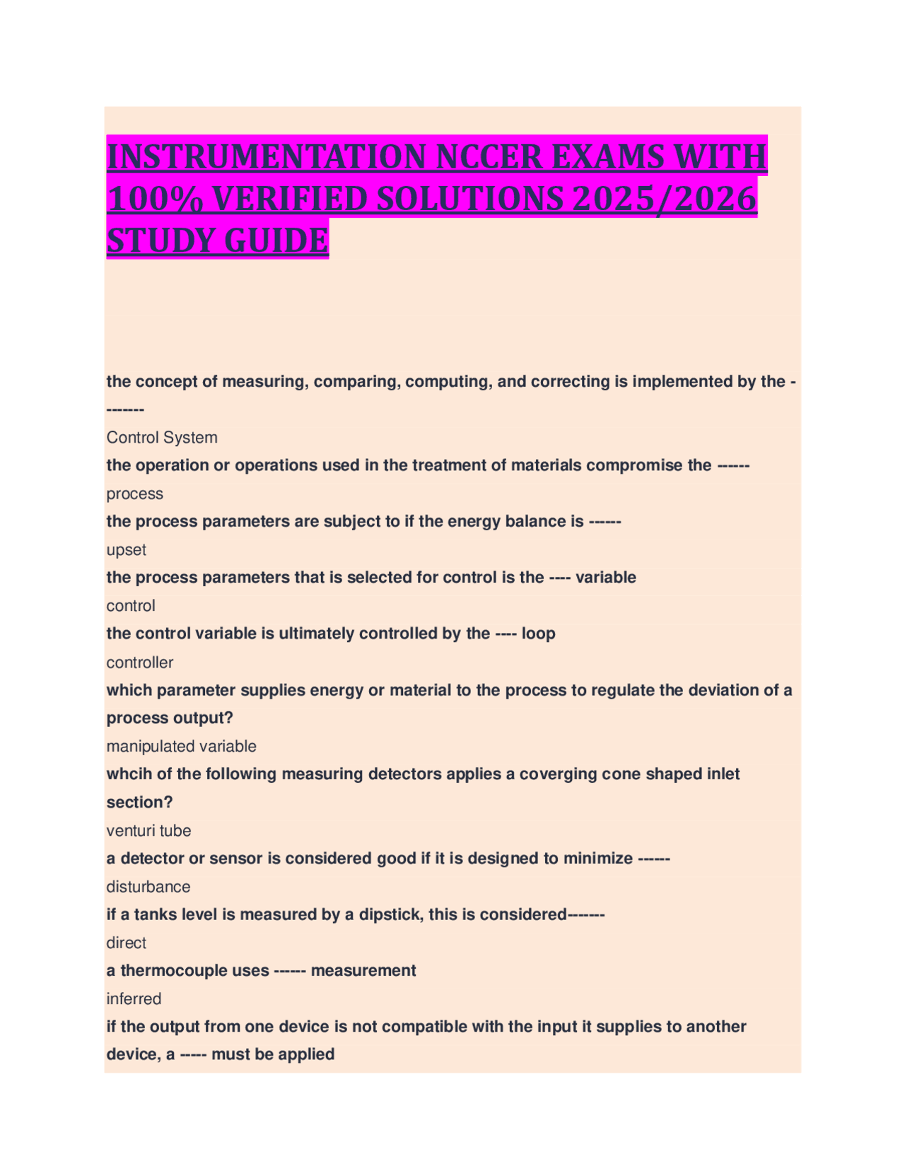 INSTRUMENTATION NCCER EXAMS WITH 100% VERIFIED SOLUTIONS 2025/2026 ...