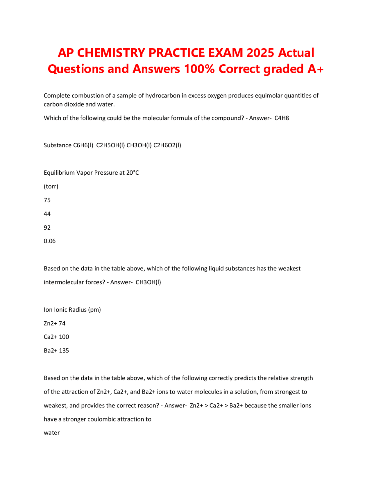 AP CHEMISTRY PRACTICE EXAM 2025 Actual Questions and Answers 100% ...