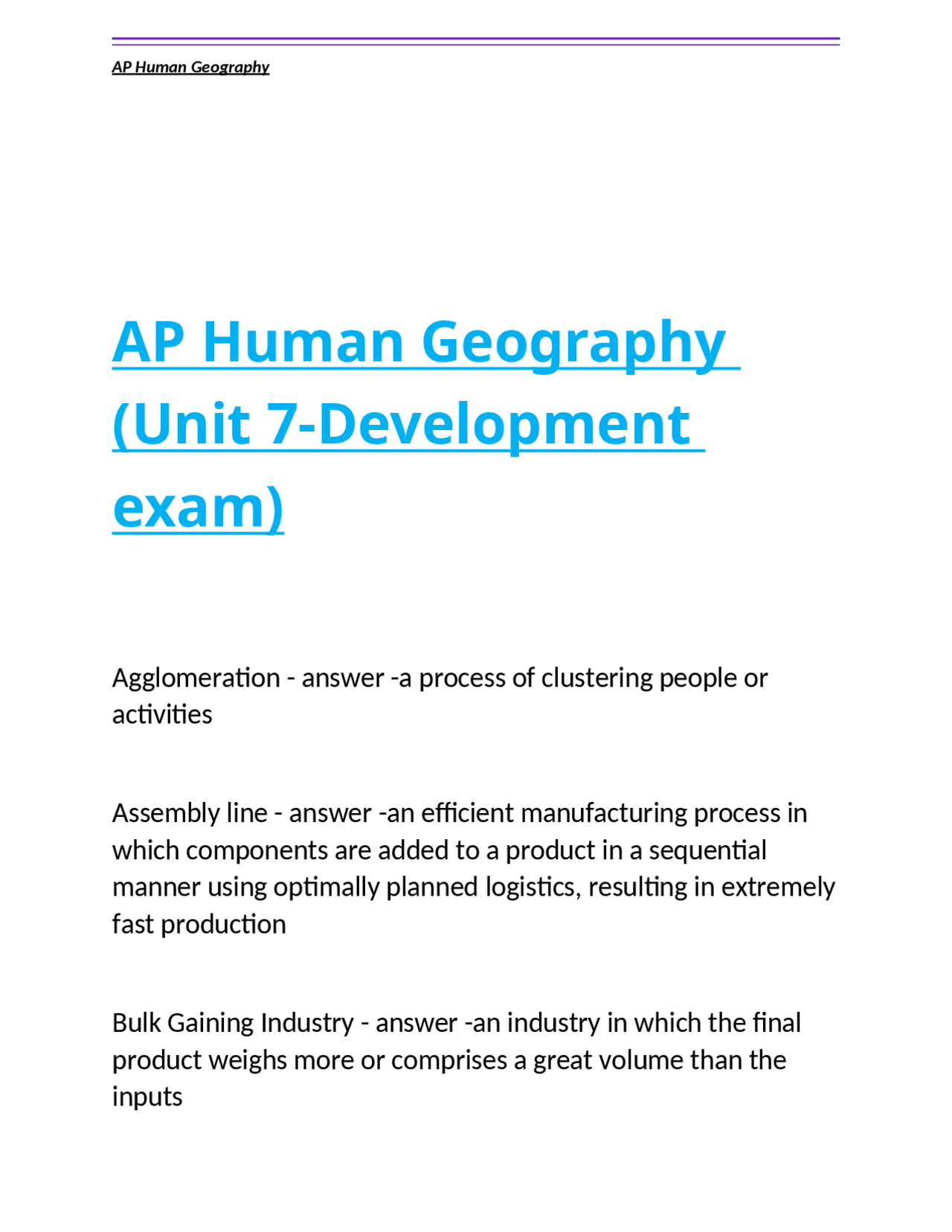 AP Human Geography (Unit 7-Development exam).docx | Exams Nursing | Docsity