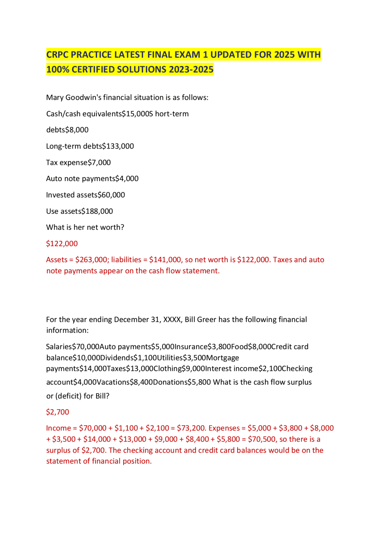 CRPC PRACTICE LATEST FINAL EXAM 1 UPDATED FOR 2025 WITH 100% CERTIFIED ...