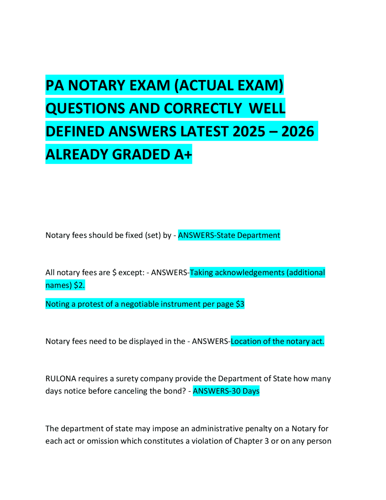 PA NOTARY EXAM (ACTUAL EXAM) QUESTIONS AND CORRECTLY WELL DEFINED ...