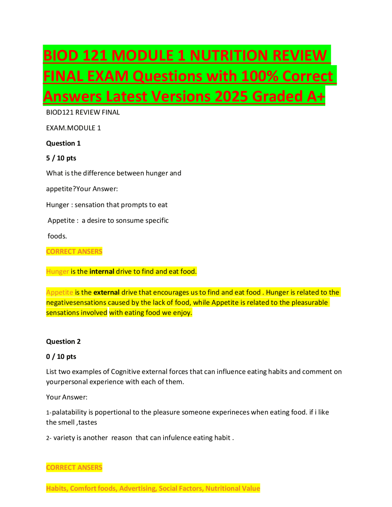 BIOD 121 MODULE 1 NUTRITION REVIEW FINAL EXAM Questions with 100% ...