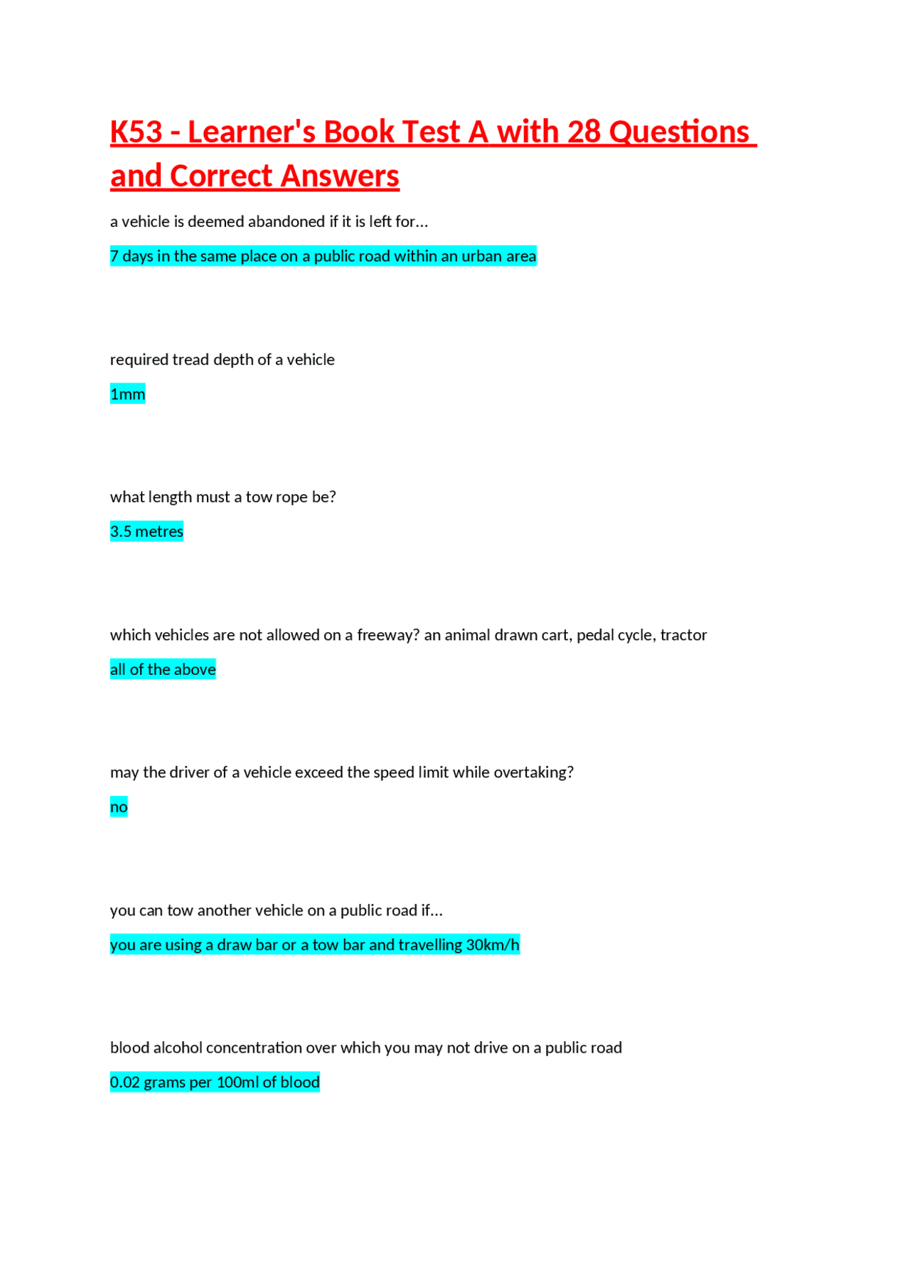 K53 - Learner's Book Test A with 28 Questions and Correct Answers ...