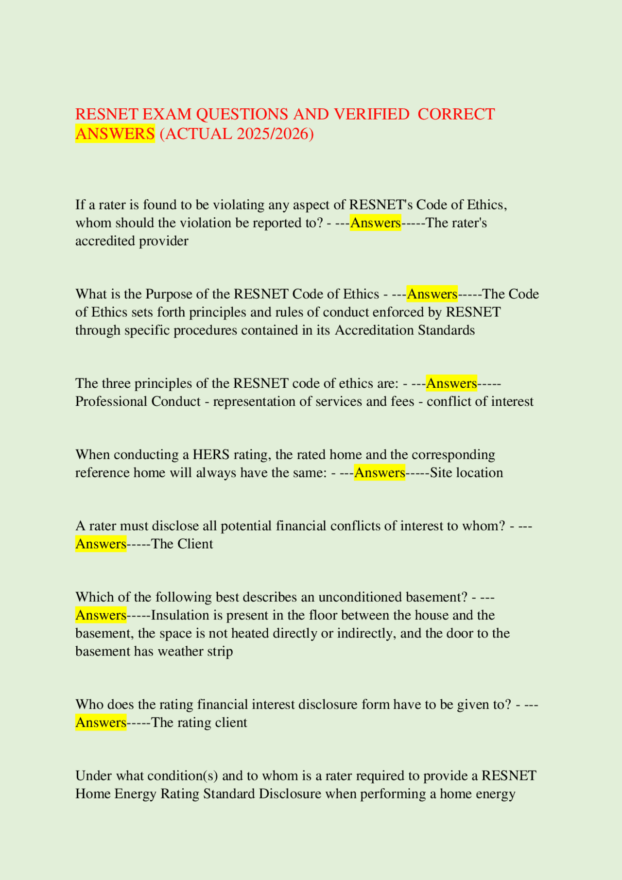 RESNET EXAM QUESTIONS AND VERIFIED CORRECT ANSWERS (ACTUAL 2025/2026 ...