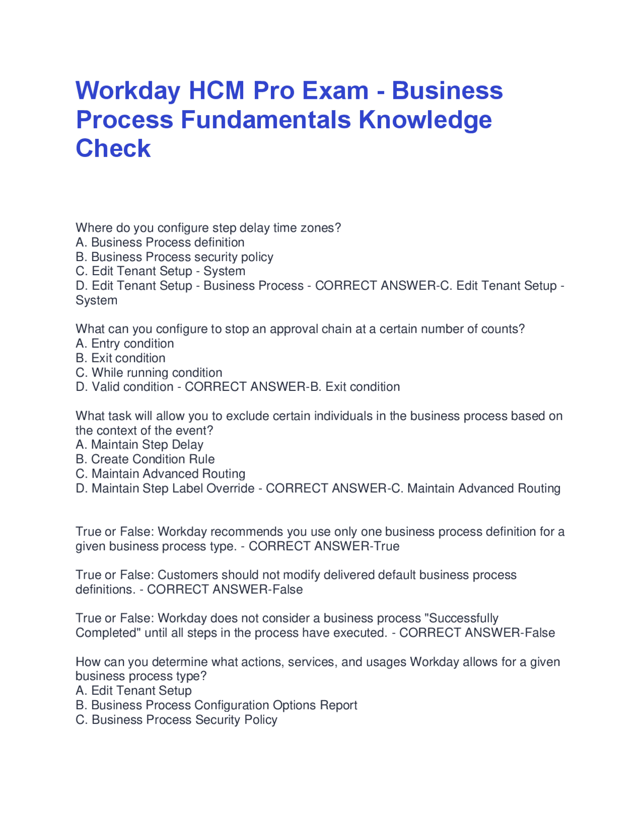 Workday HCM Pro Exam - Business Process Fundamentals Knowledge Check Questions + Answer | Exams ...